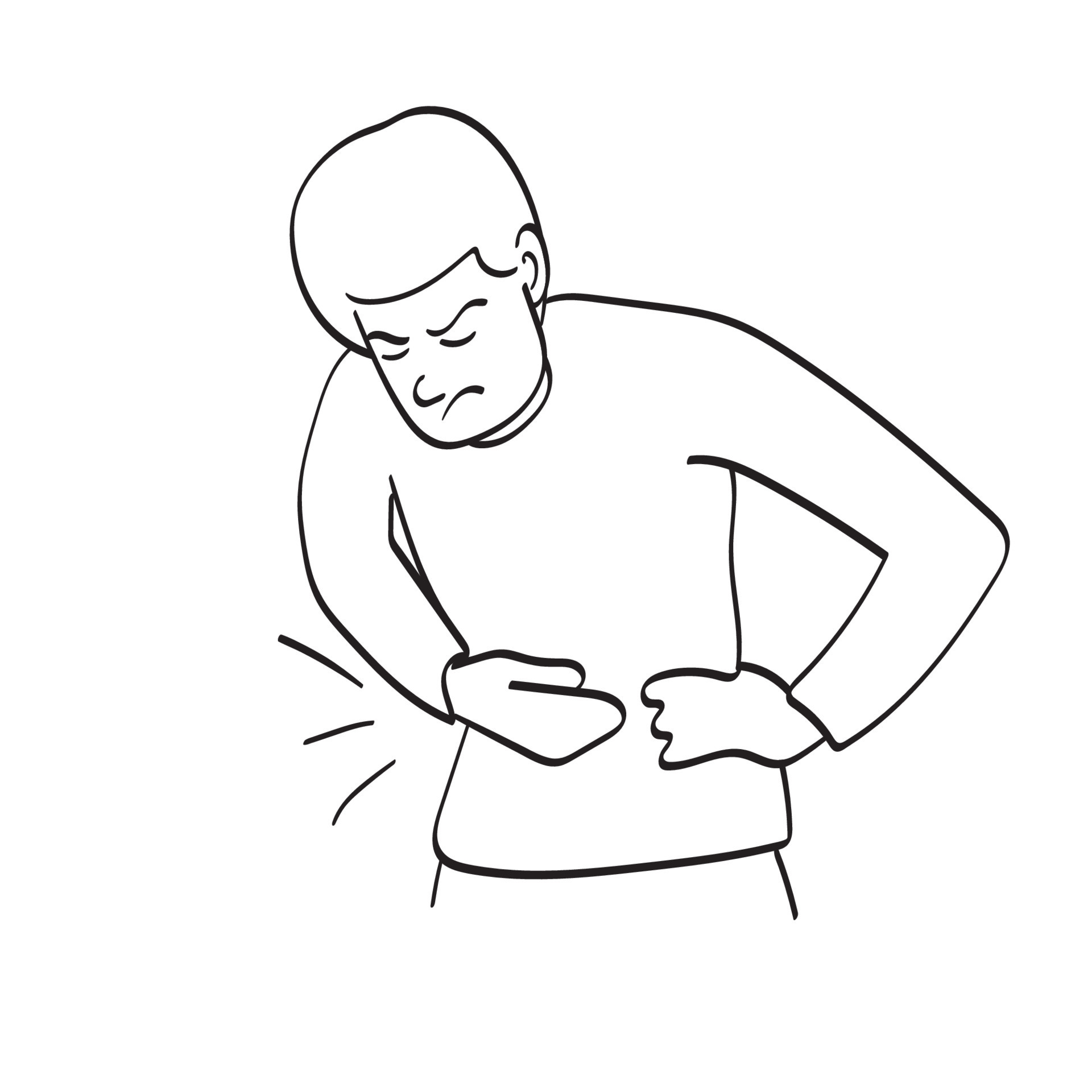 Young man presses his hand to stomach in pain illustration vector hand drawn isolated on white ...