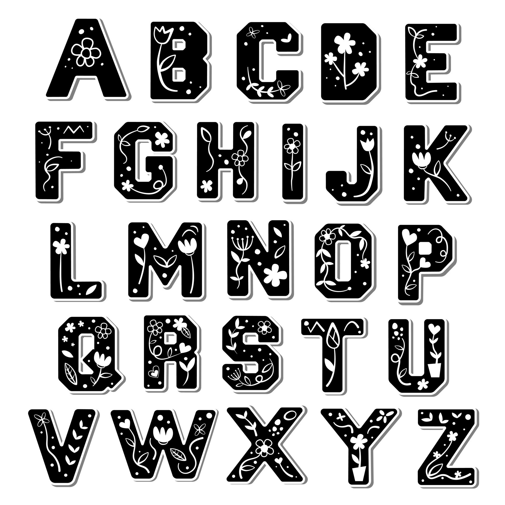 Cute uppercase alphabet with doodle flowers, leaves and dots on white ...