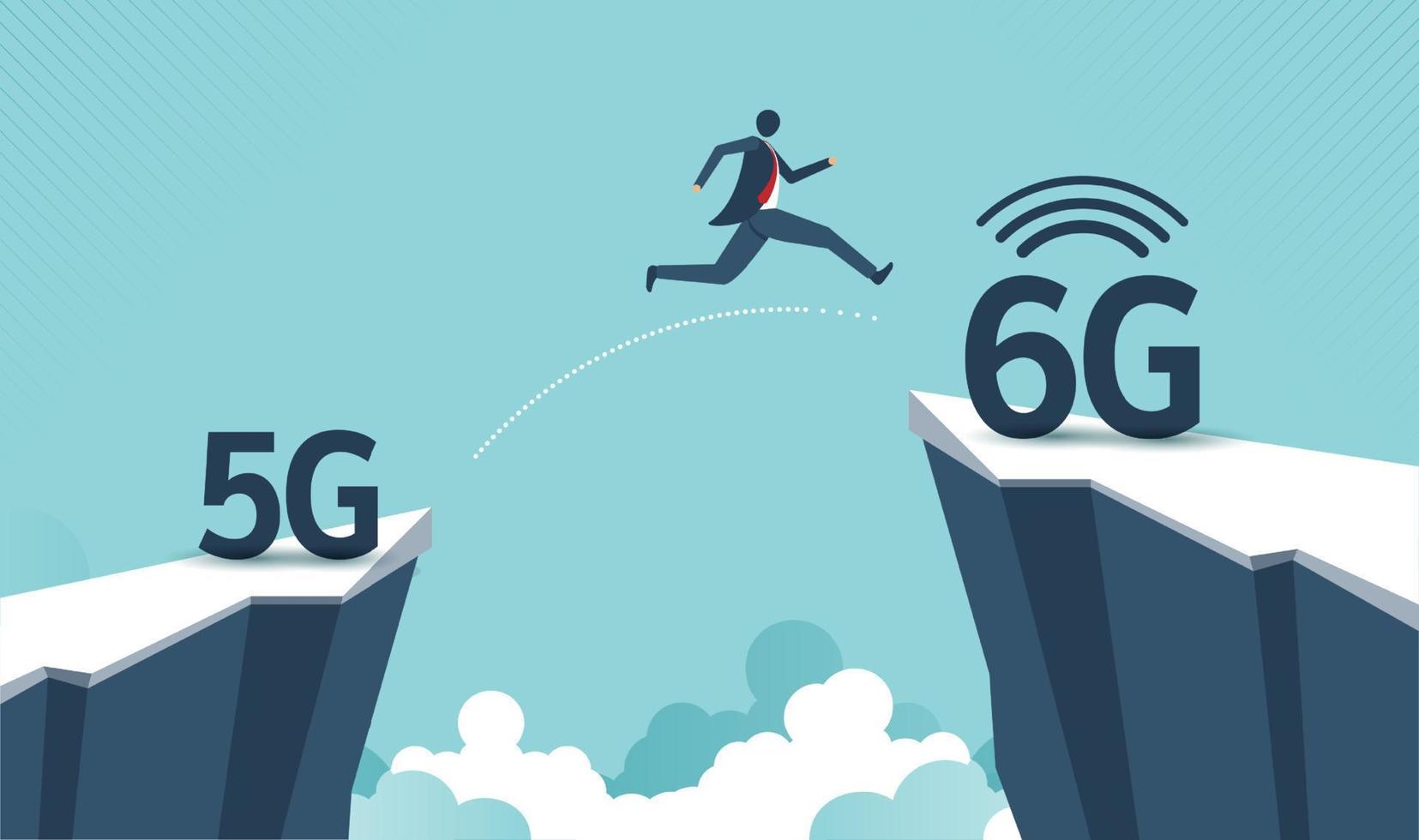Technology transformation change from 5G to 6G by businessman jumping from 5G cliff to 6G cliff ...