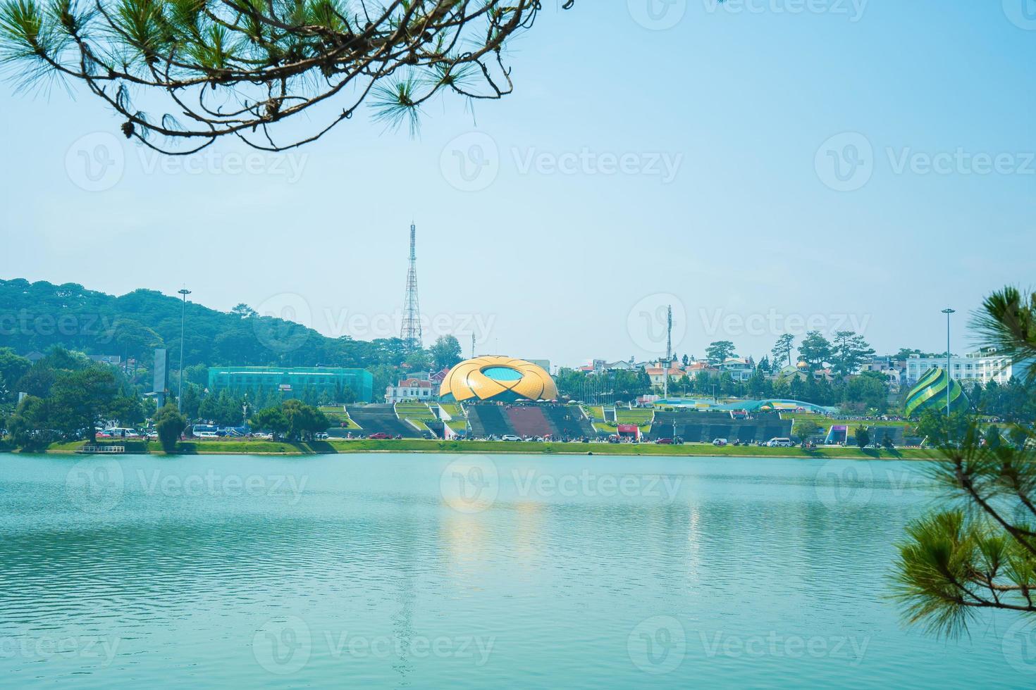 Fabulous sunrise by Xuan Huong Lake, in center Da Lat City, Lam Dong Province, Vietnam. This ...