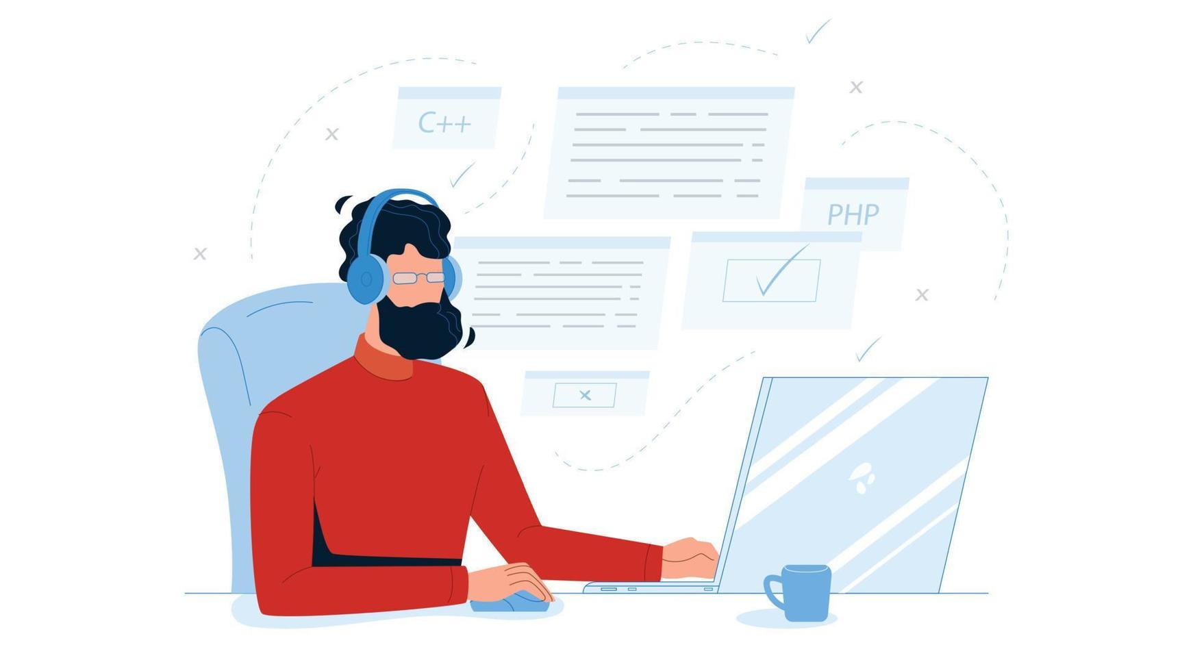 Man Coder Development Programming Computer Vector Illustration 8368805 Vector Art At Vecteezy