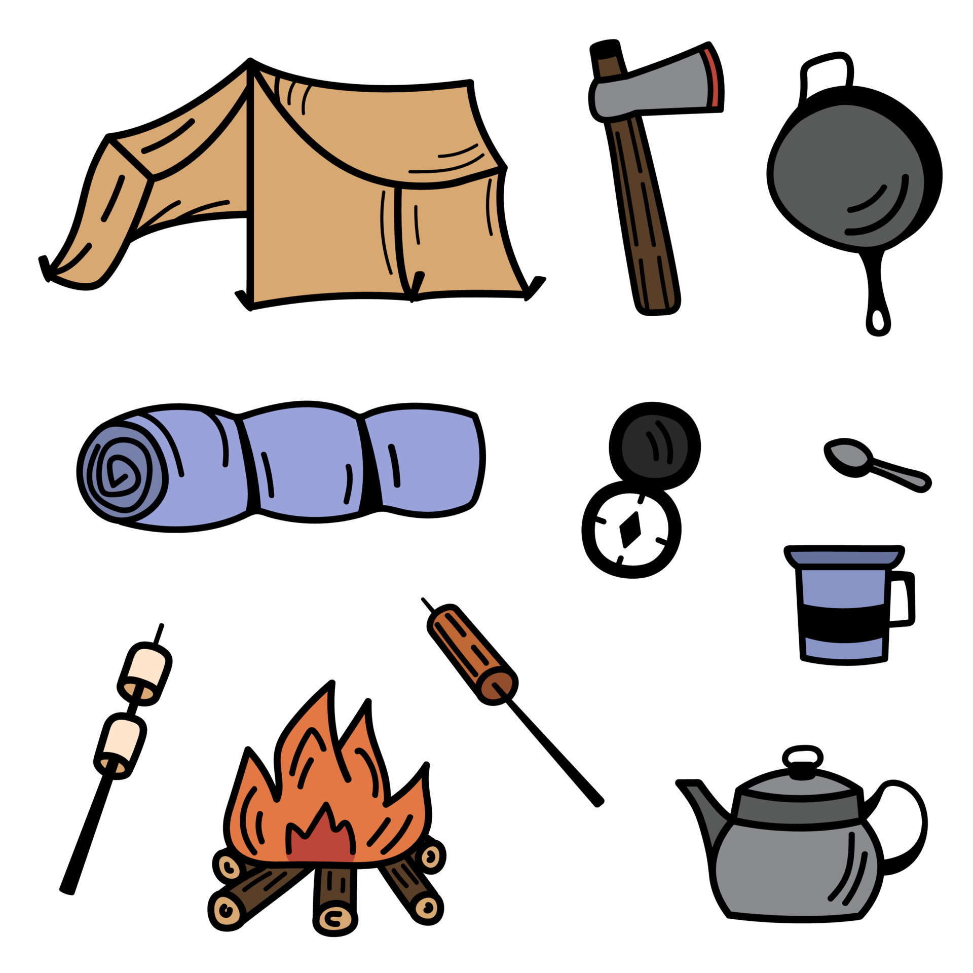 Set of vector camping, hiking isolated elements. Summer hand drawn ...