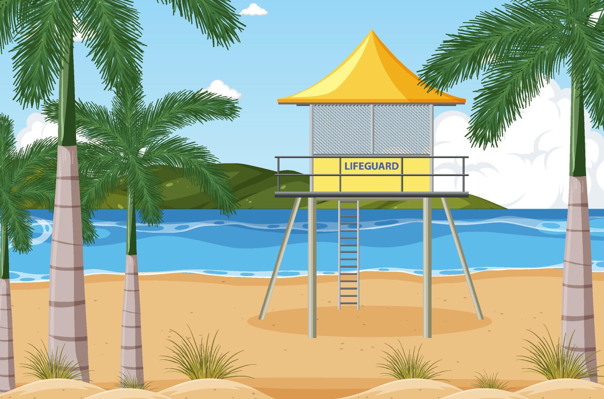 Beach scene with lifeguard tower 8387005 Vector Art at Vecteezy