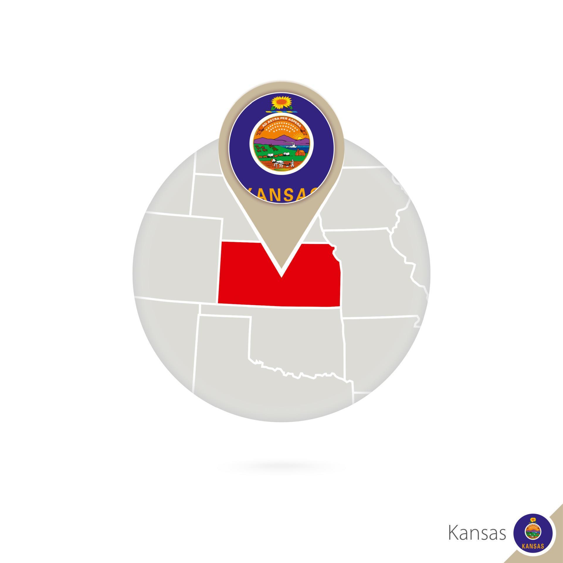 Kansas US State map and flag in circle. Map of Kansas, Kansas flag pin ...