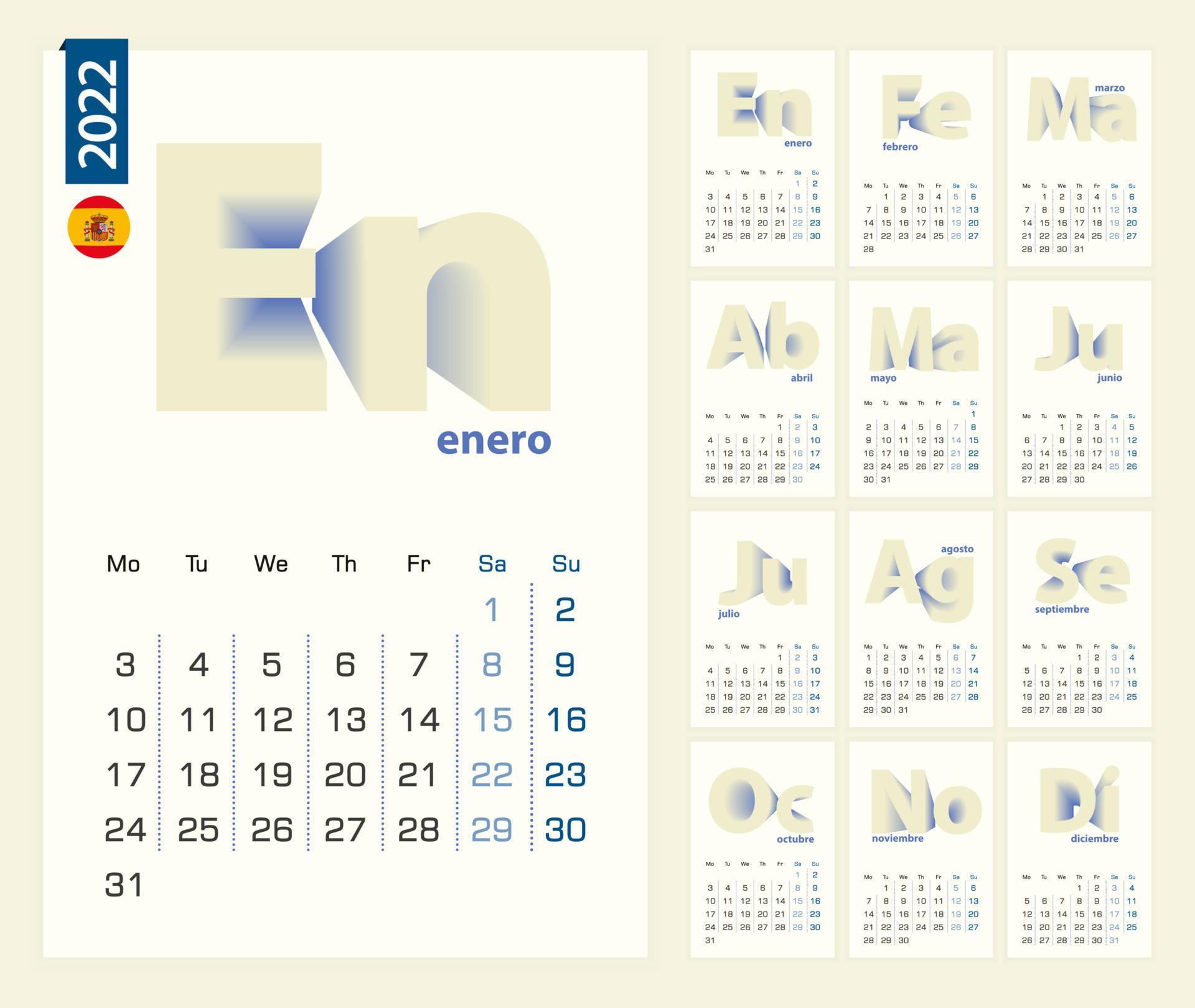 Calendar 2022 template in Spanish language, minimalist calendar set for ...