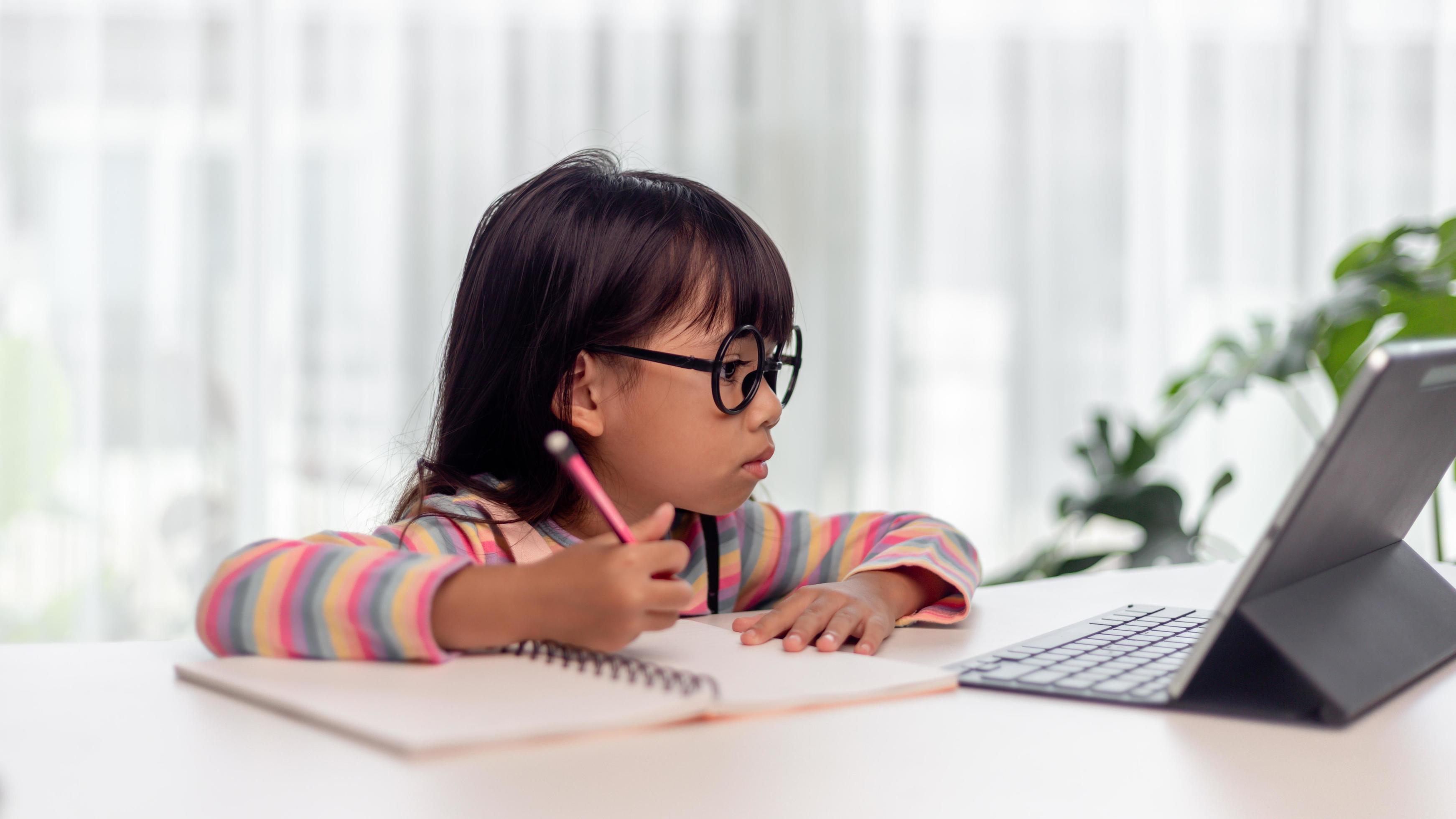 Asian girl student online learning class study online with the teacher ...