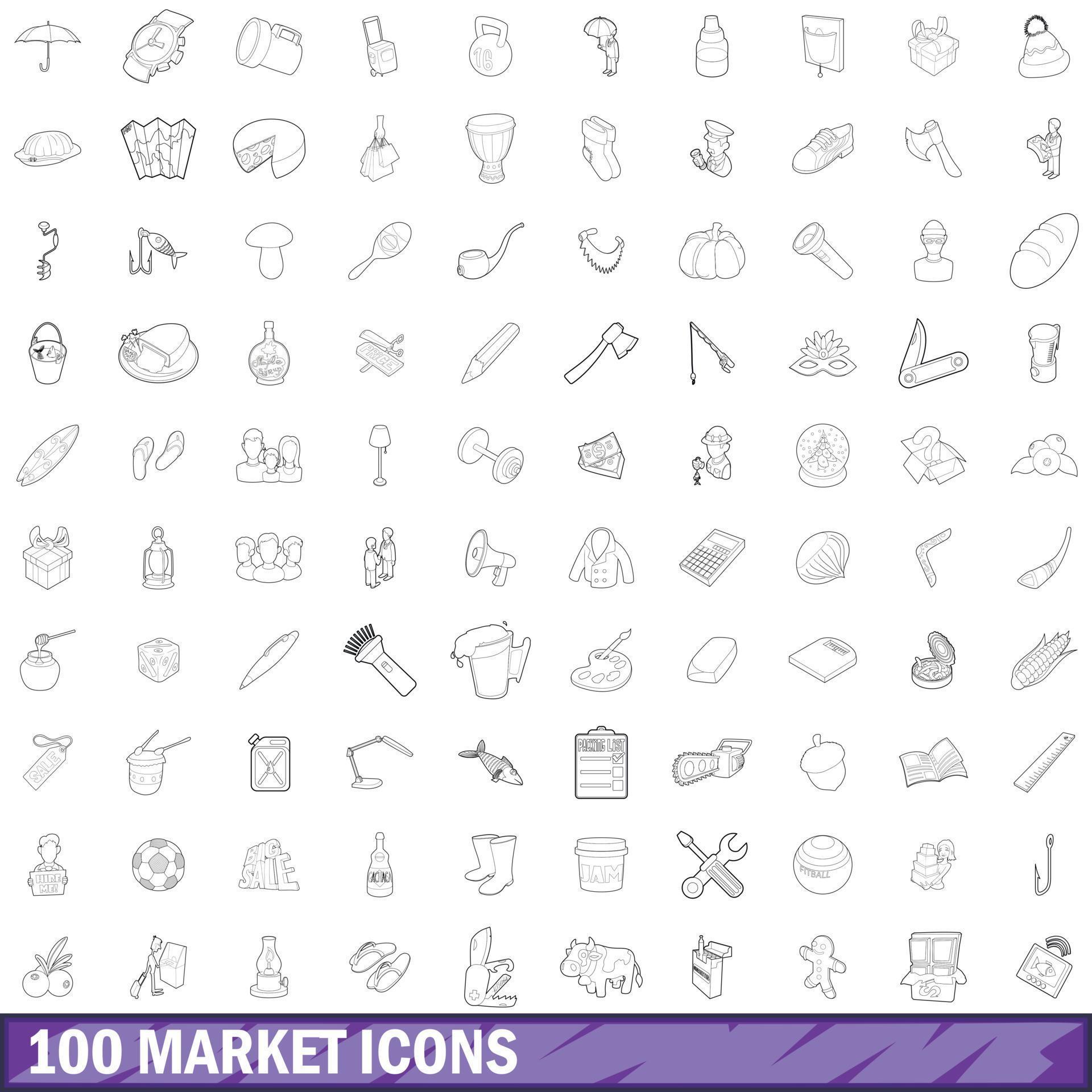 100 market icons set, outline style 8457799 Vector Art at Vecteezy