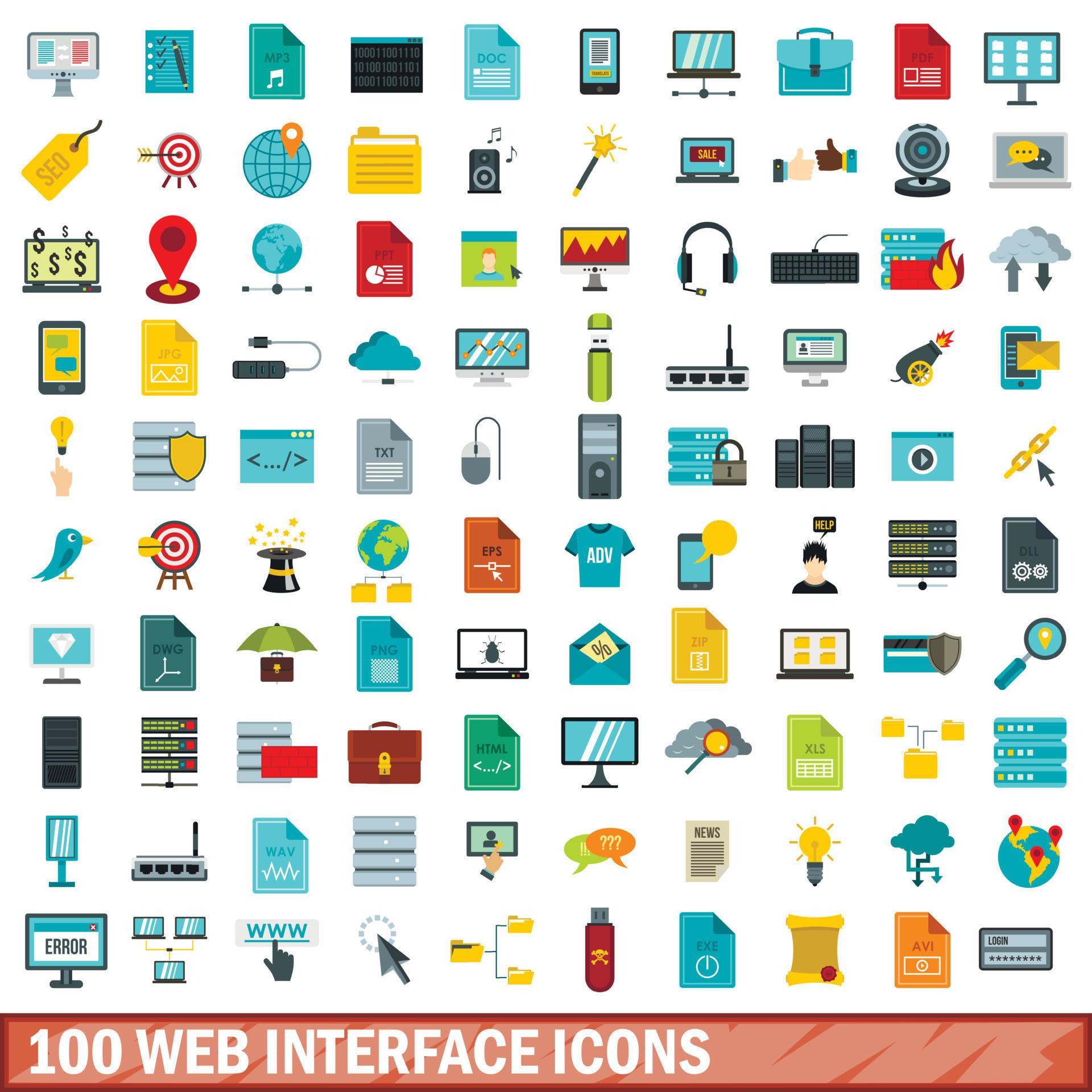 100 web interface icons set, flat style 8457976 Vector Art at Vecteezy