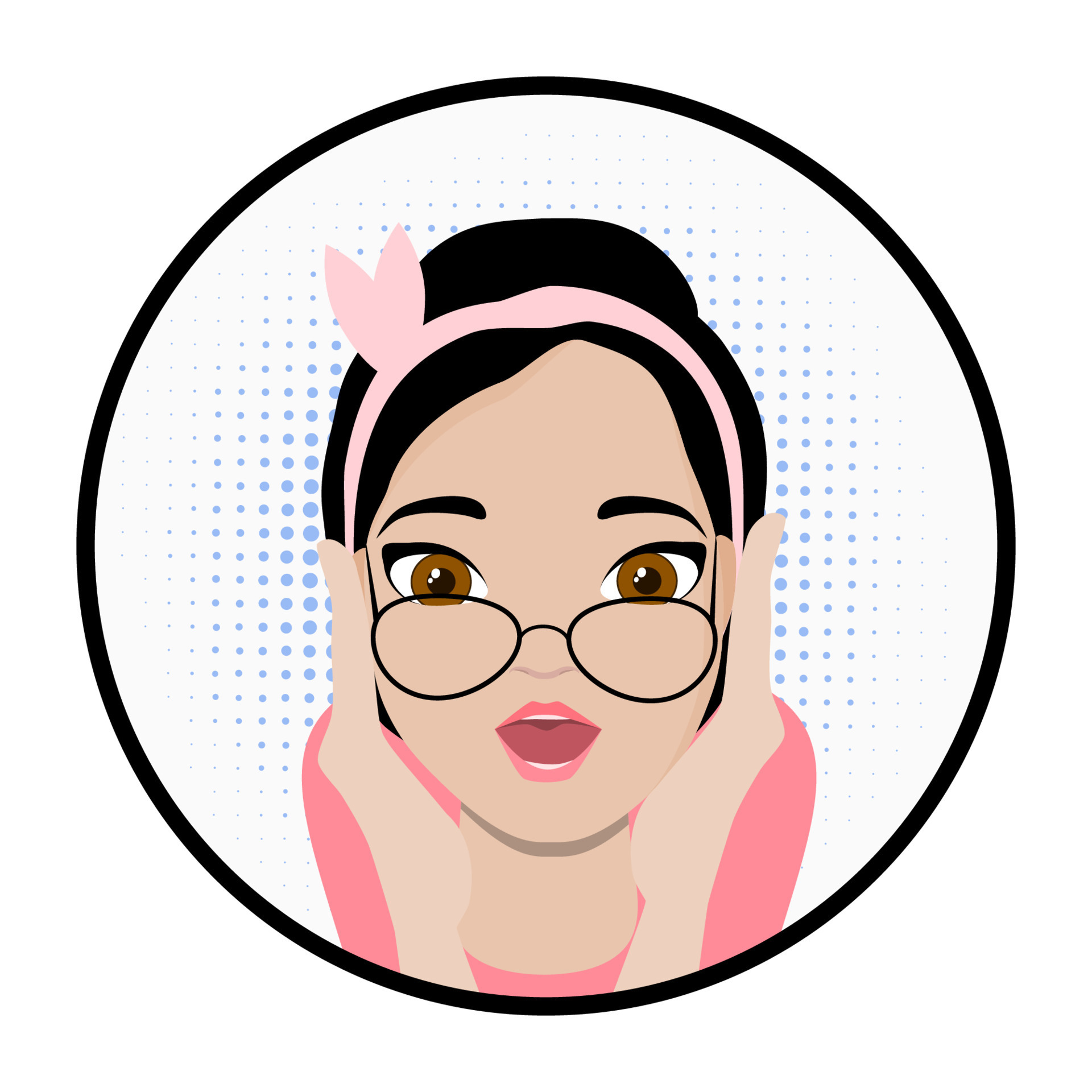 Oh, cartoon friendly brunette woman wearing glasses opened her mouth in ... Oh, cartoon friendly brunette woman wearing glasses opened her mouth in ...