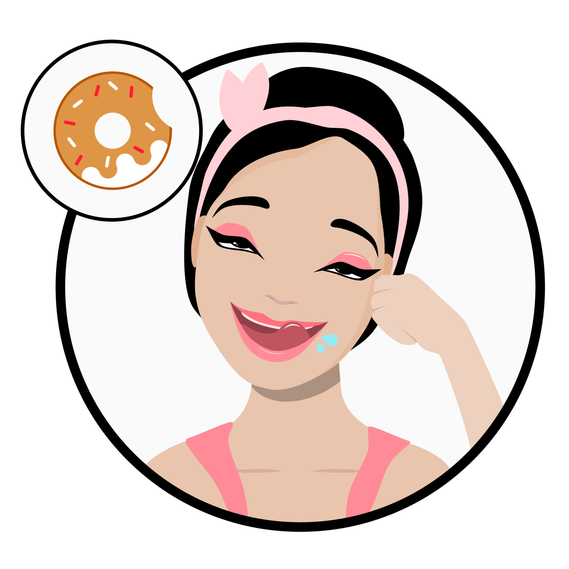 Yummy, cartoon friendly brunette woman smiles and squeezing her eyes ... Yummy, cartoon friendly brunette woman smiles and squeezing her eyes ...