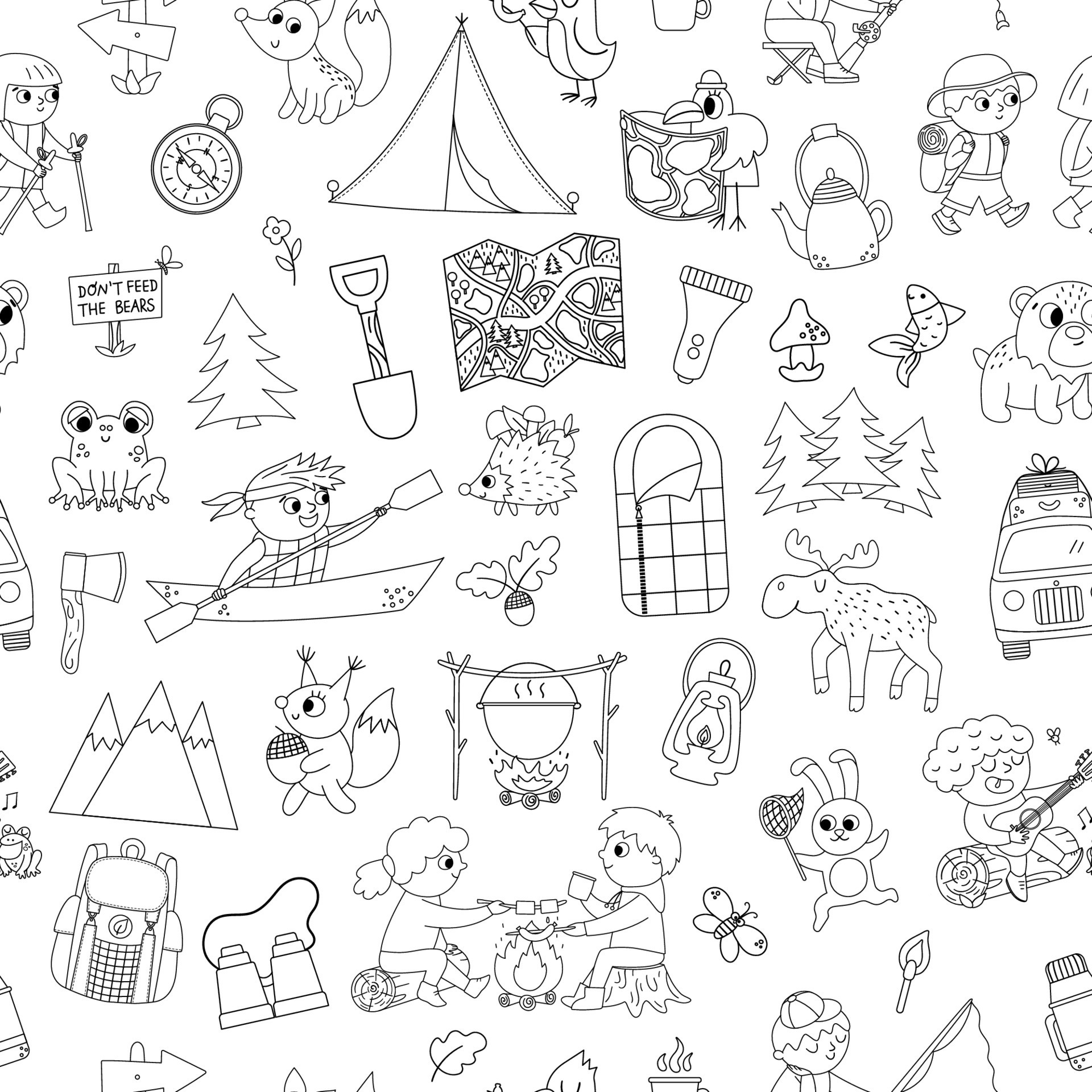 Vector black and white seamless pattern with cute children doing summer ...