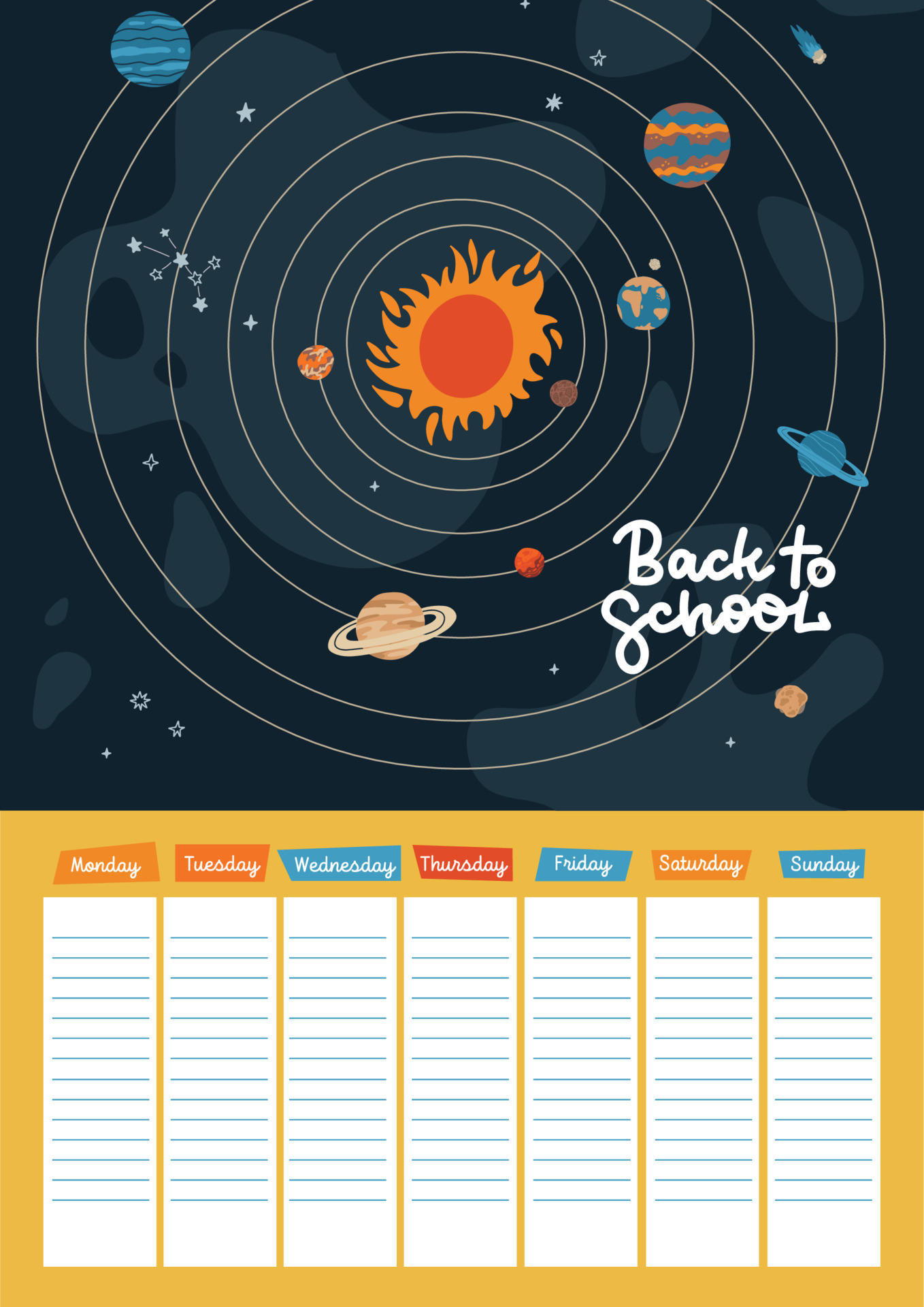 A4 School timetable with Solar system. Galaxy universe weekly planner ...