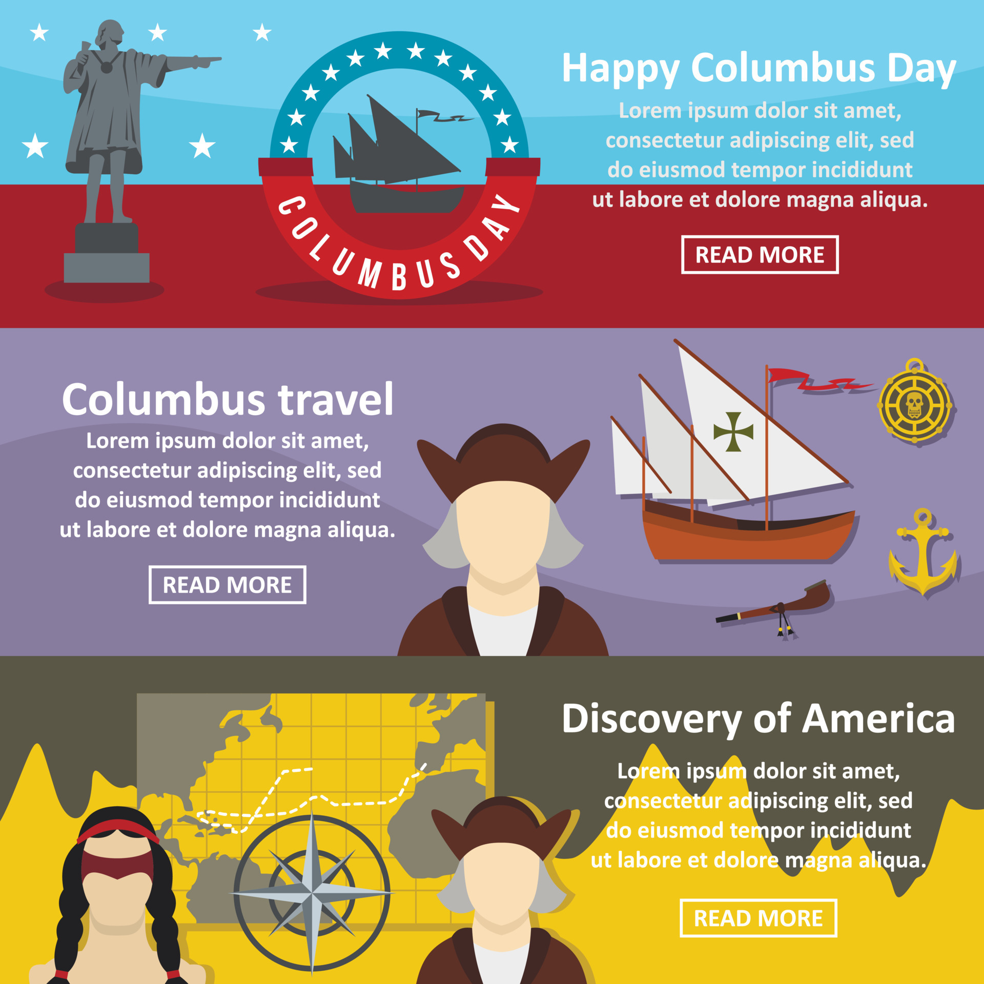 Columbus Day banner horizontal set, flat style 8479681 Vector Art at ...