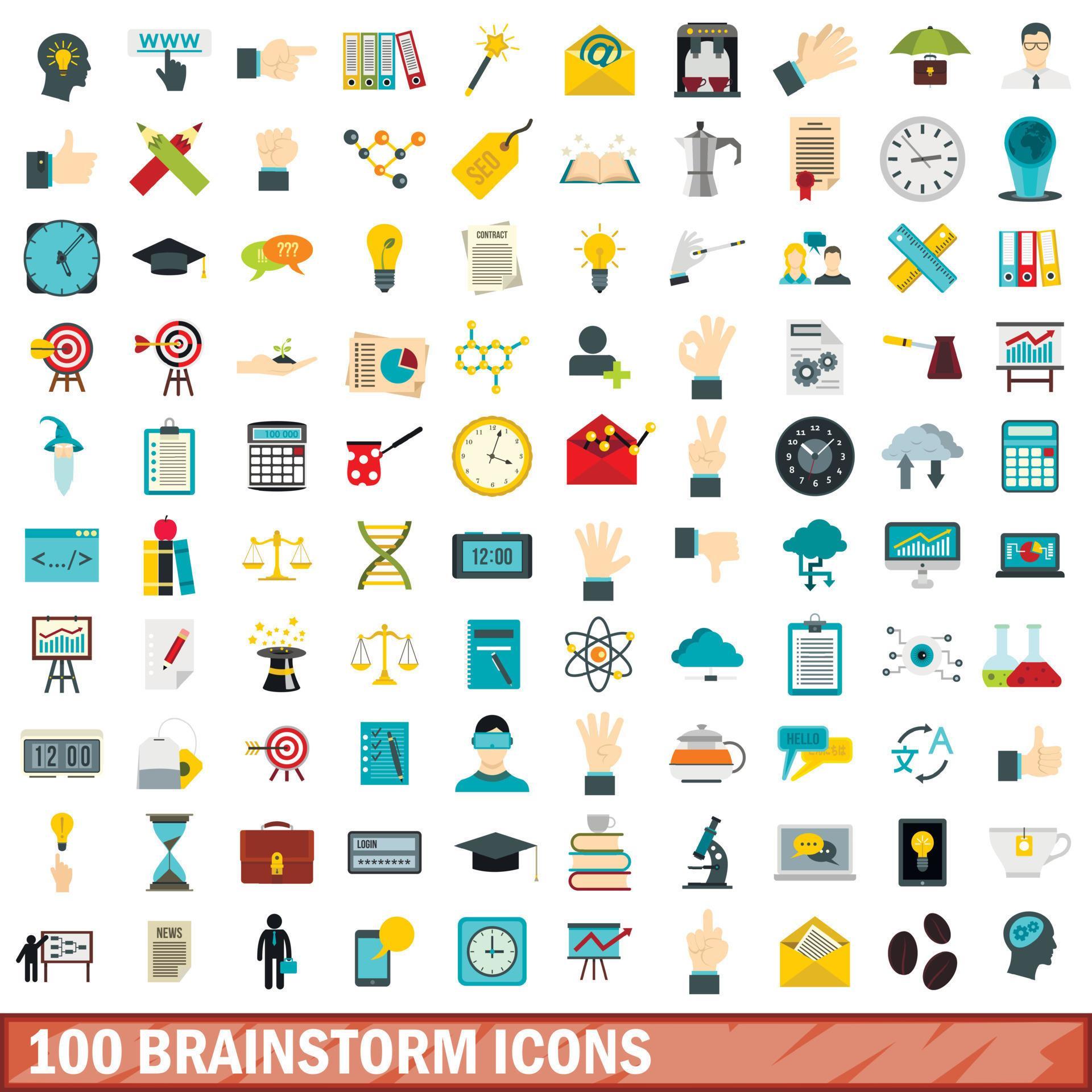 100 brainstorm icons set, flat style 8496586 Vector Art at Vecteezy 100 brainstorm icons set, flat style 8496586 Vector Art at Vecteezy