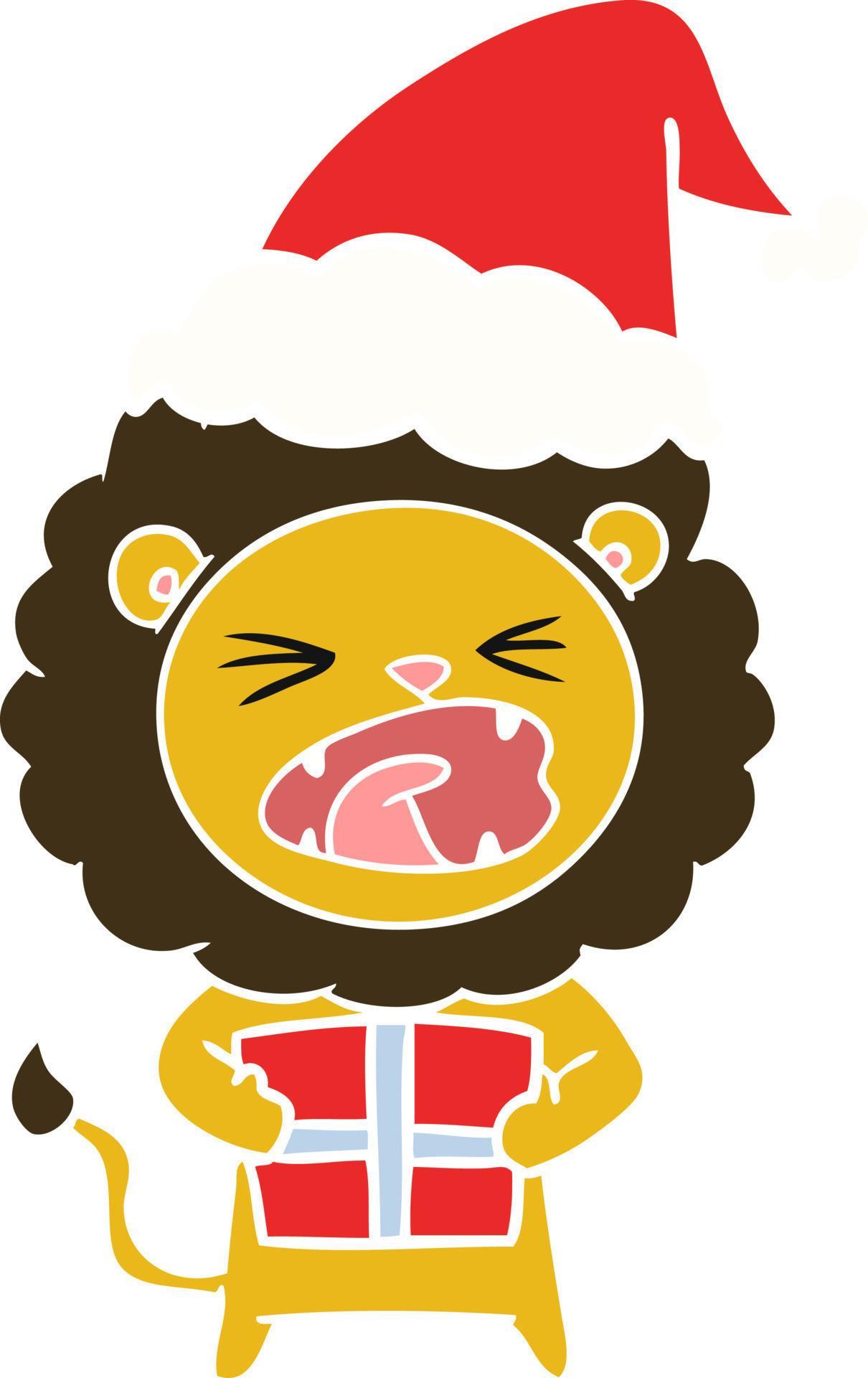 flat color illustration of a lion with christmas present wearing santa ...