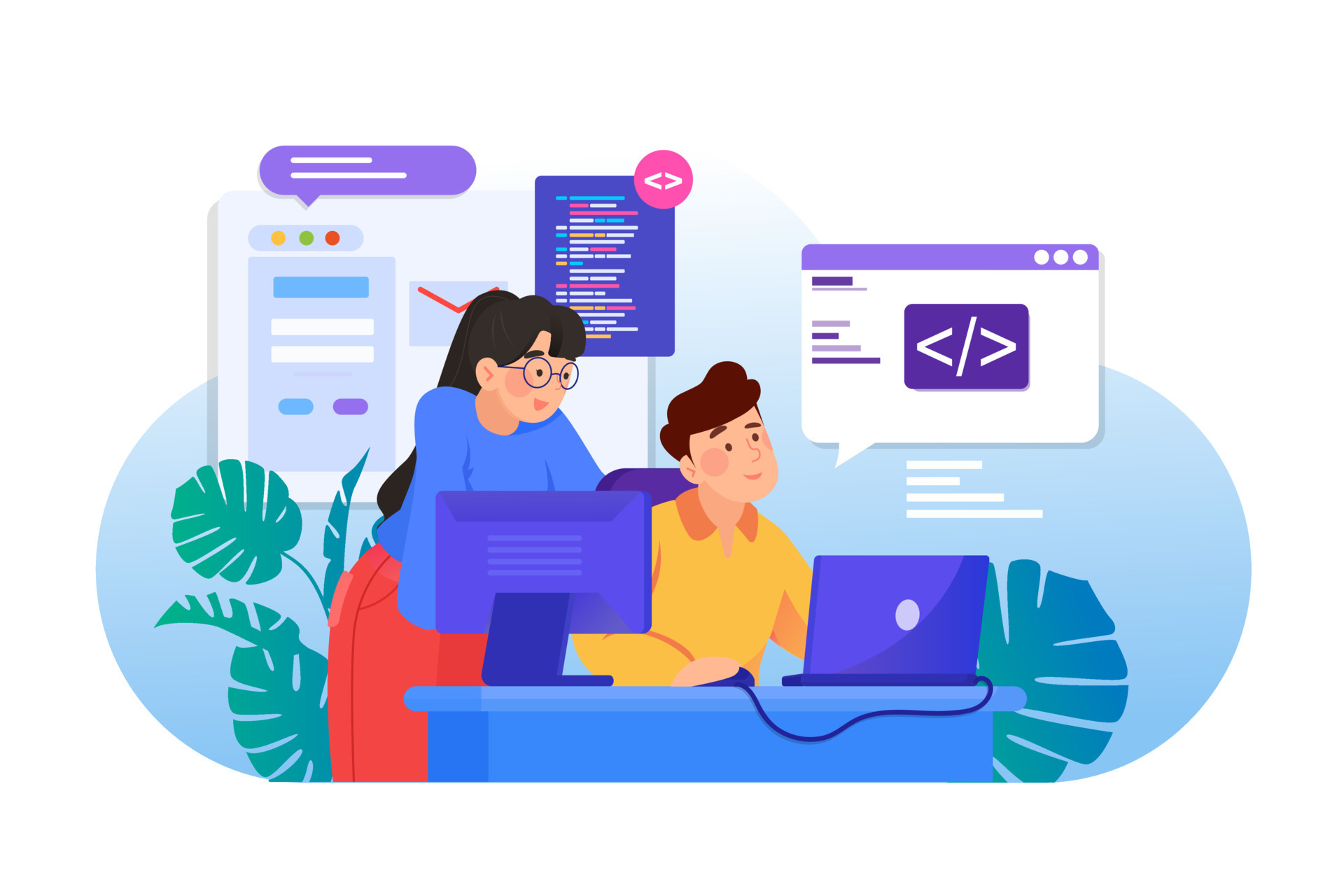 Man and woman are working together on programming 8516079 Vector Art at ...