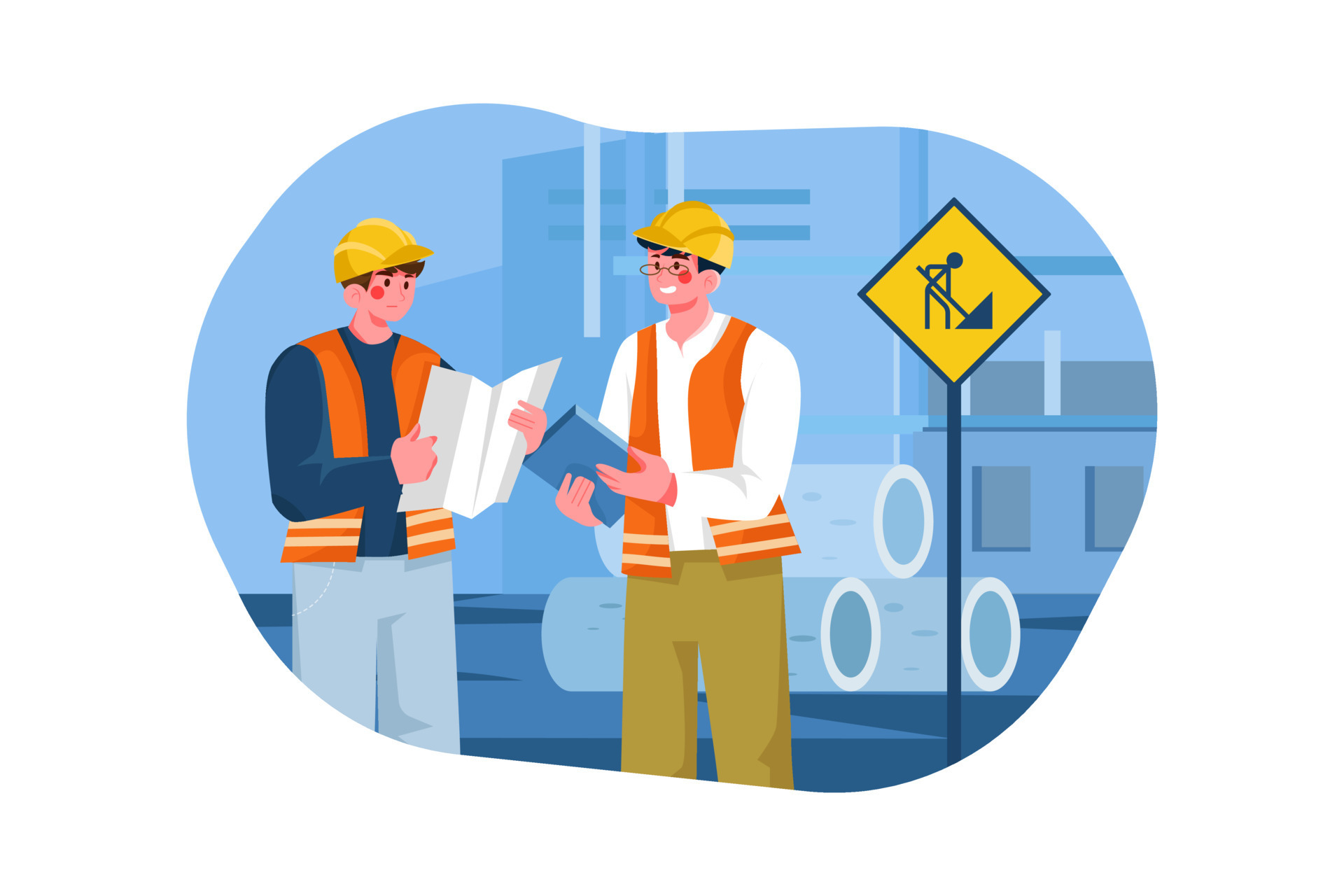 Construction workers checking building plan 8516348 Vector Art at Vecteezy