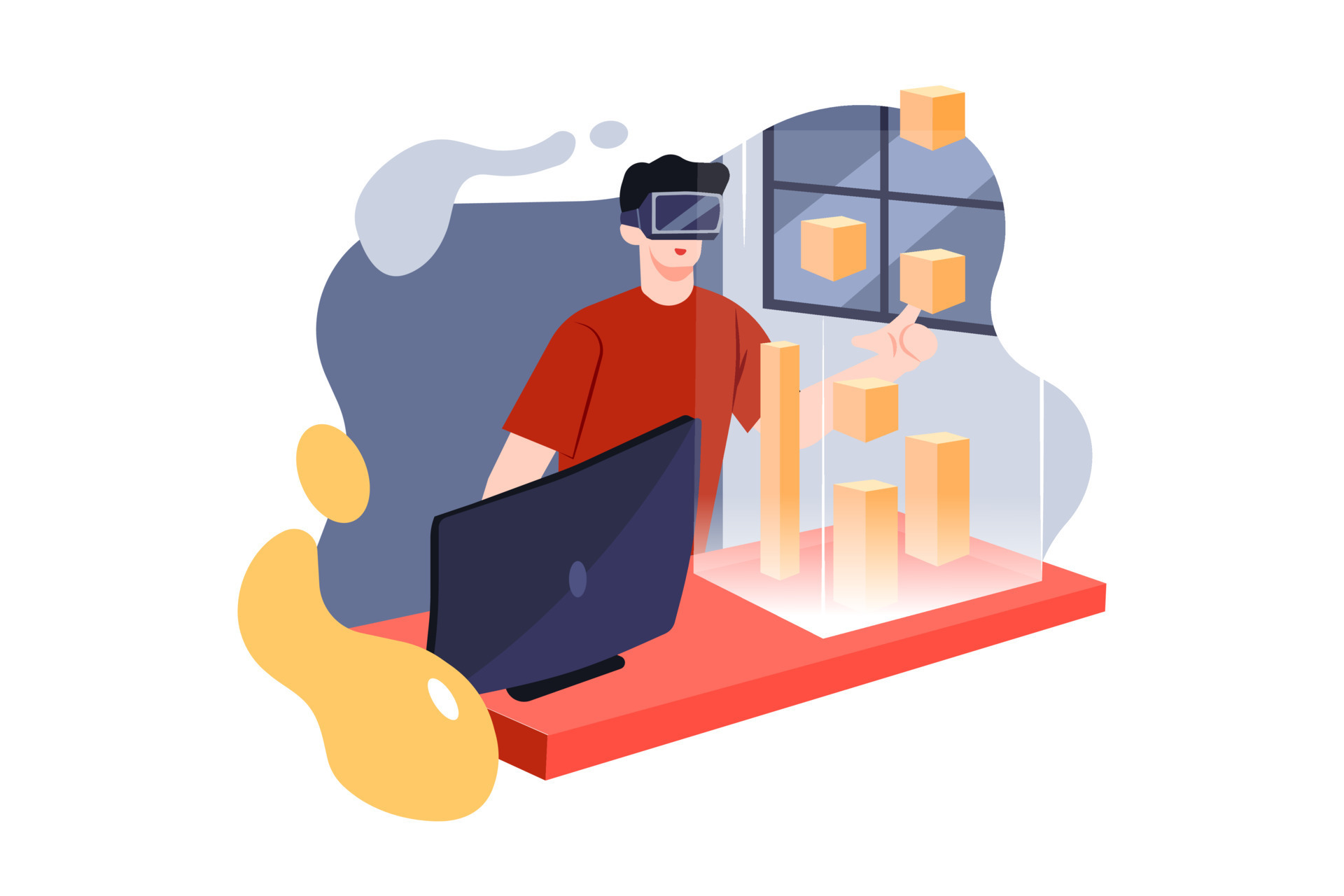 Computer science engineer wearing Virtual Reality headset works with 3D ...