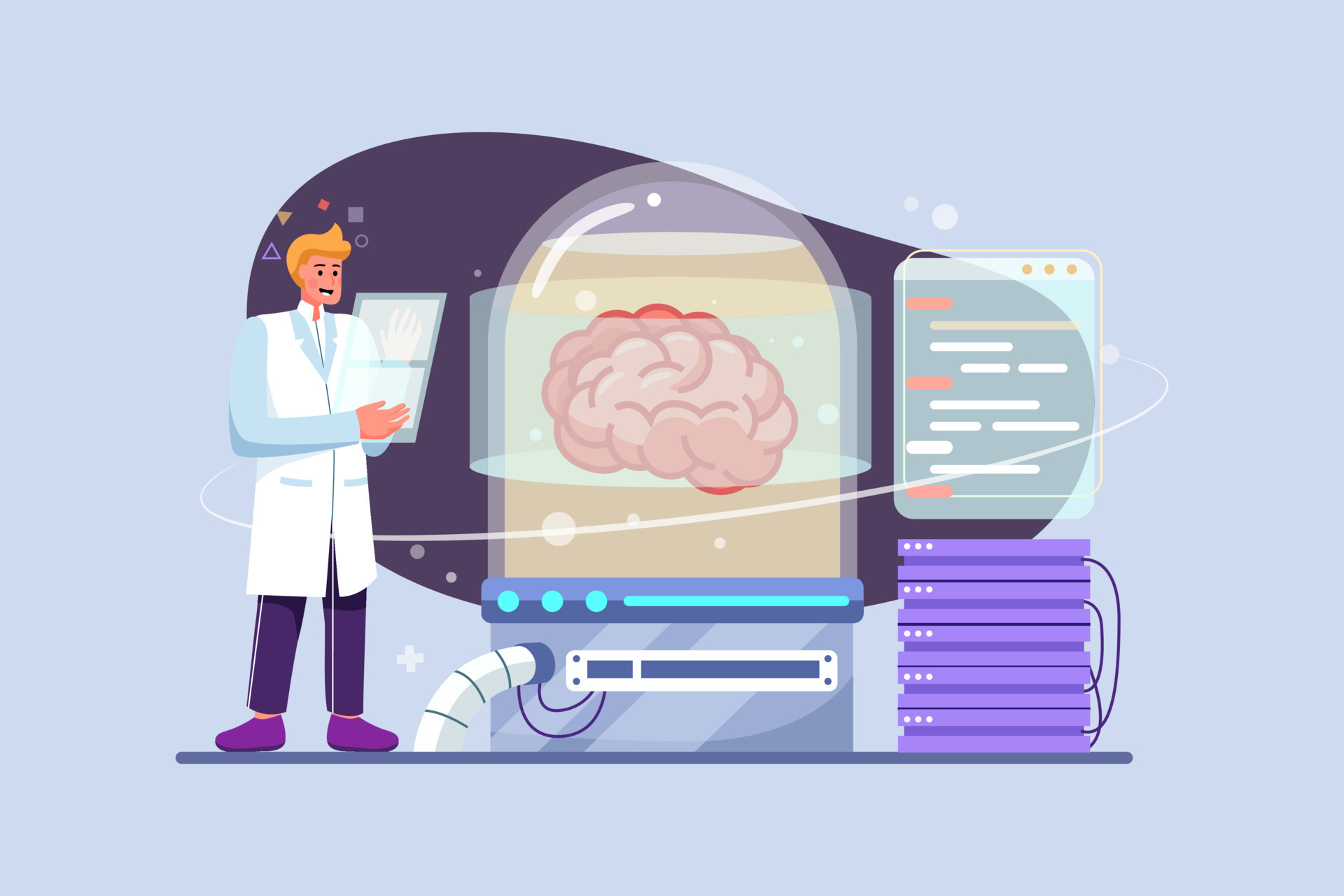 A man standing at the control panel and programming brains in glass ...