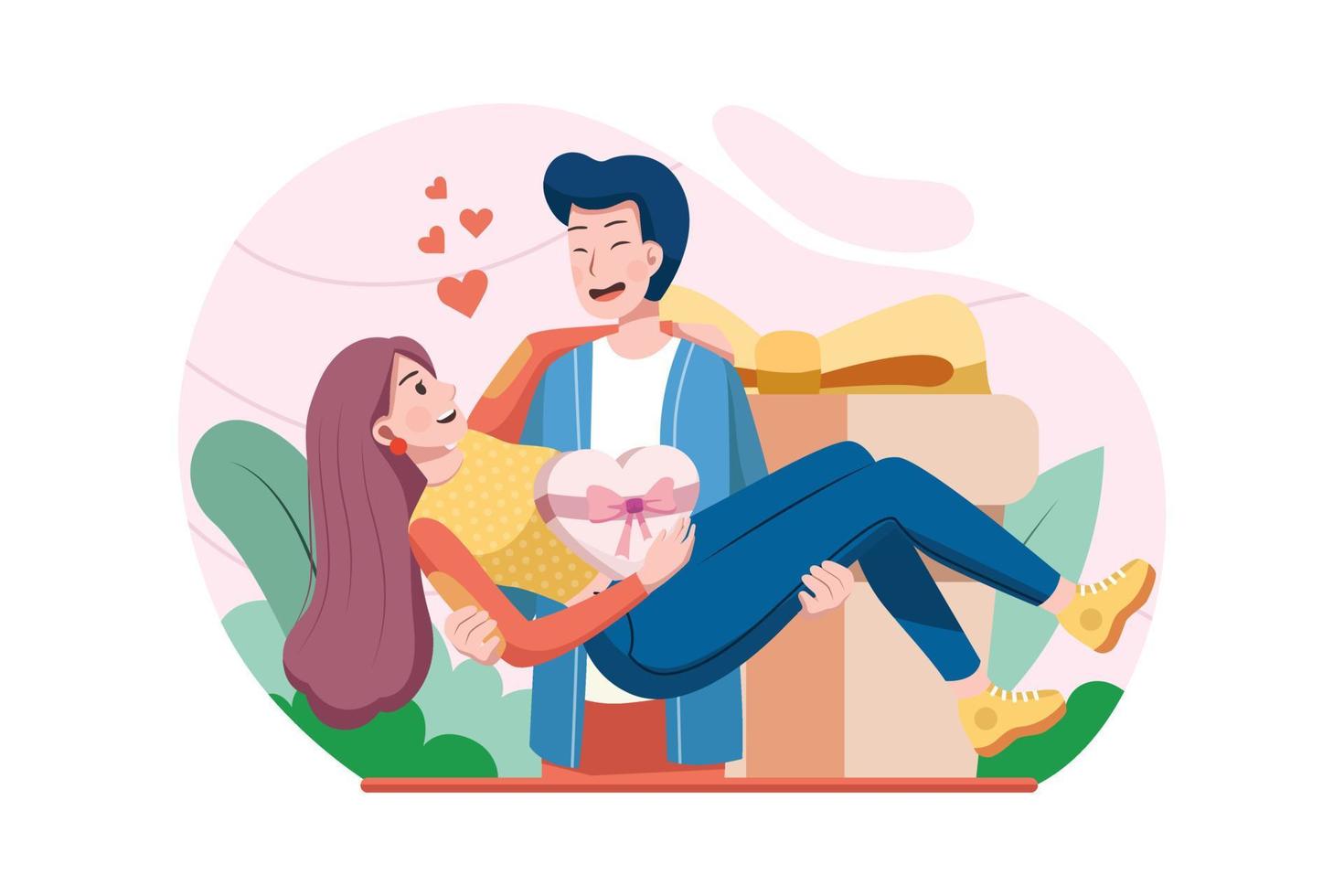 Young happy man holding the woman in his arms with a presence in the ... Young happy man holding the woman in his arms with a presence in the ...