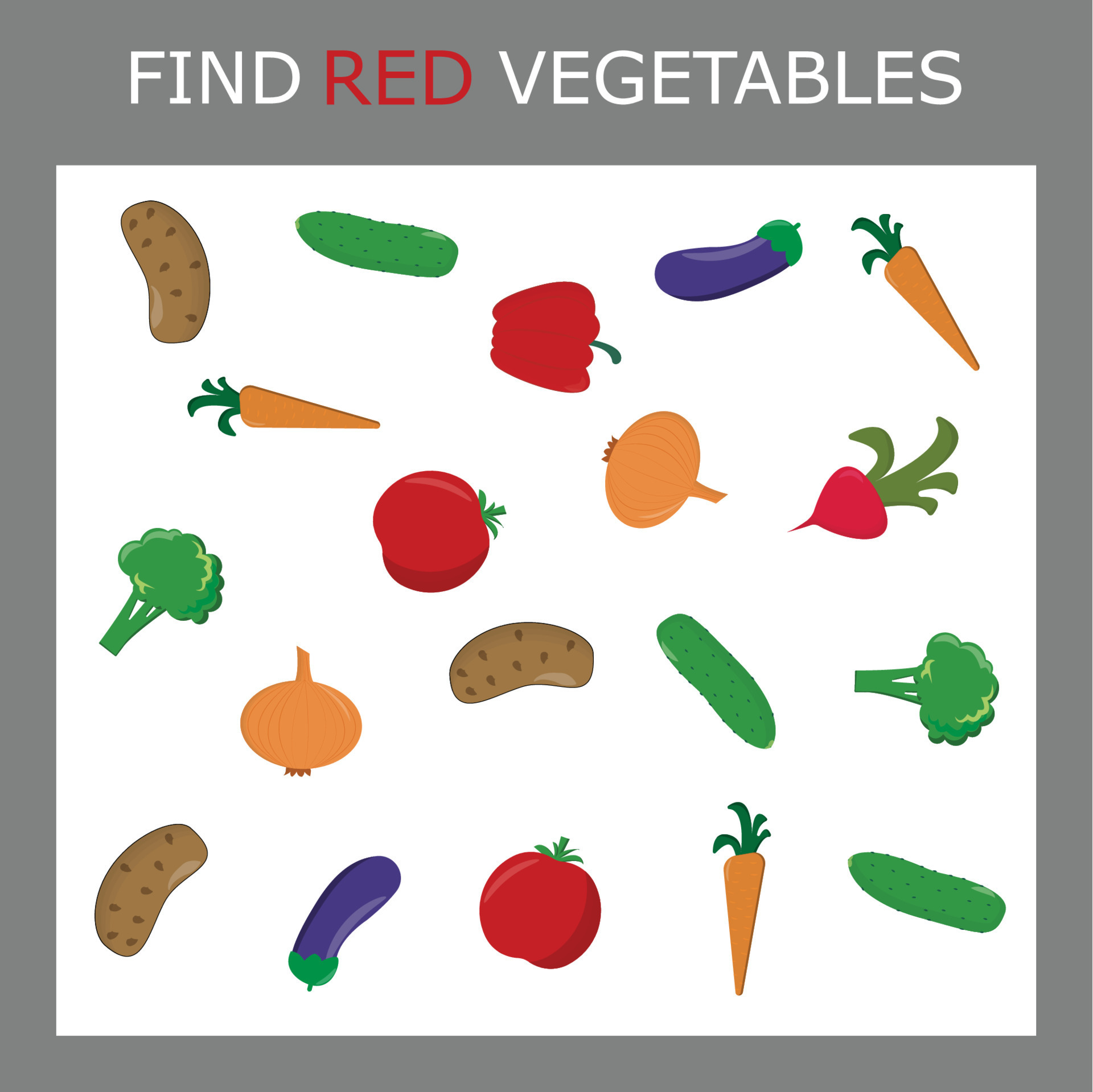 Find red-colored vegetables among the multi-colored ones. Children's ...