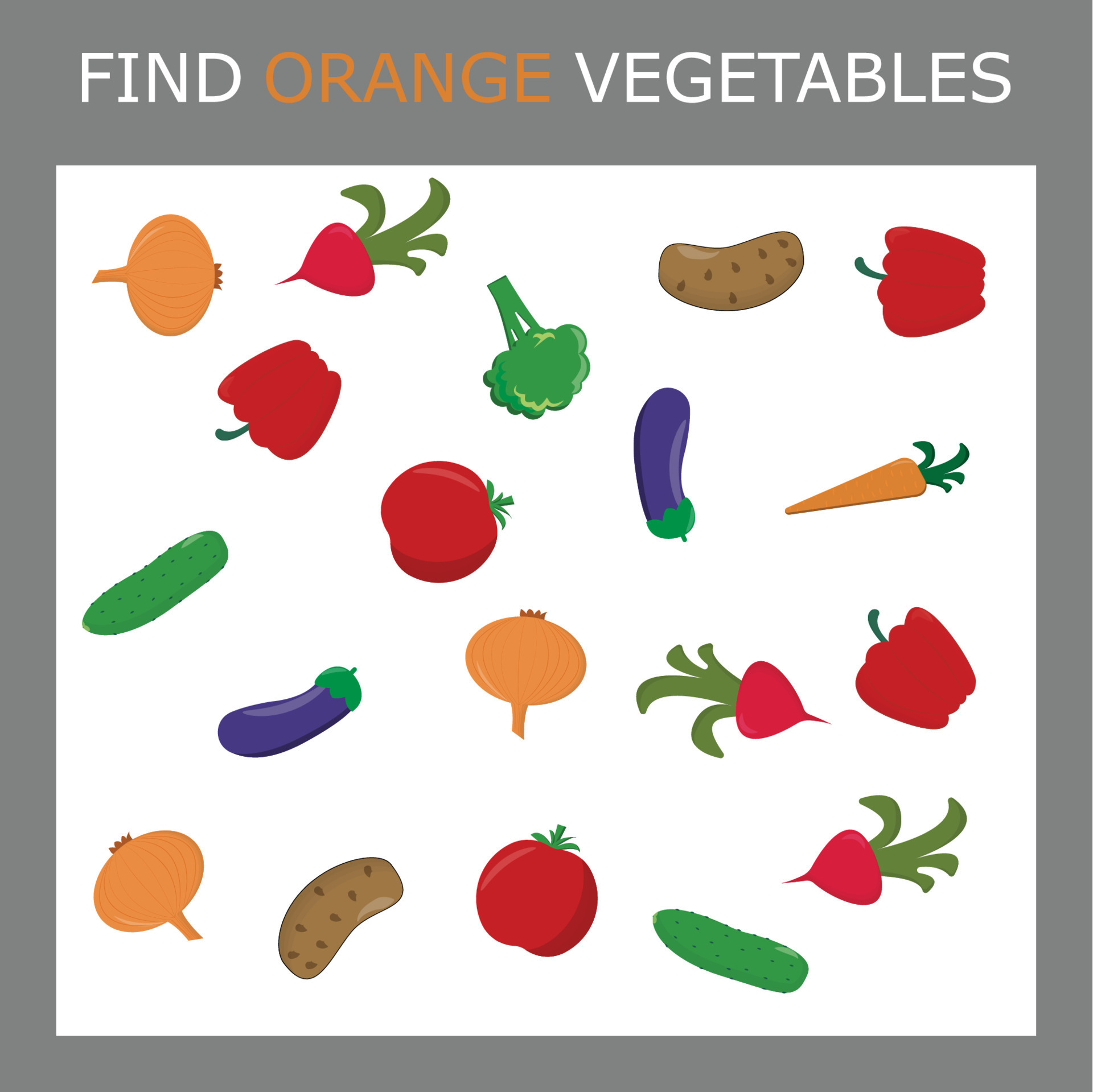 Find orange-colored vegetables among the multi-colored ones. Children's ...