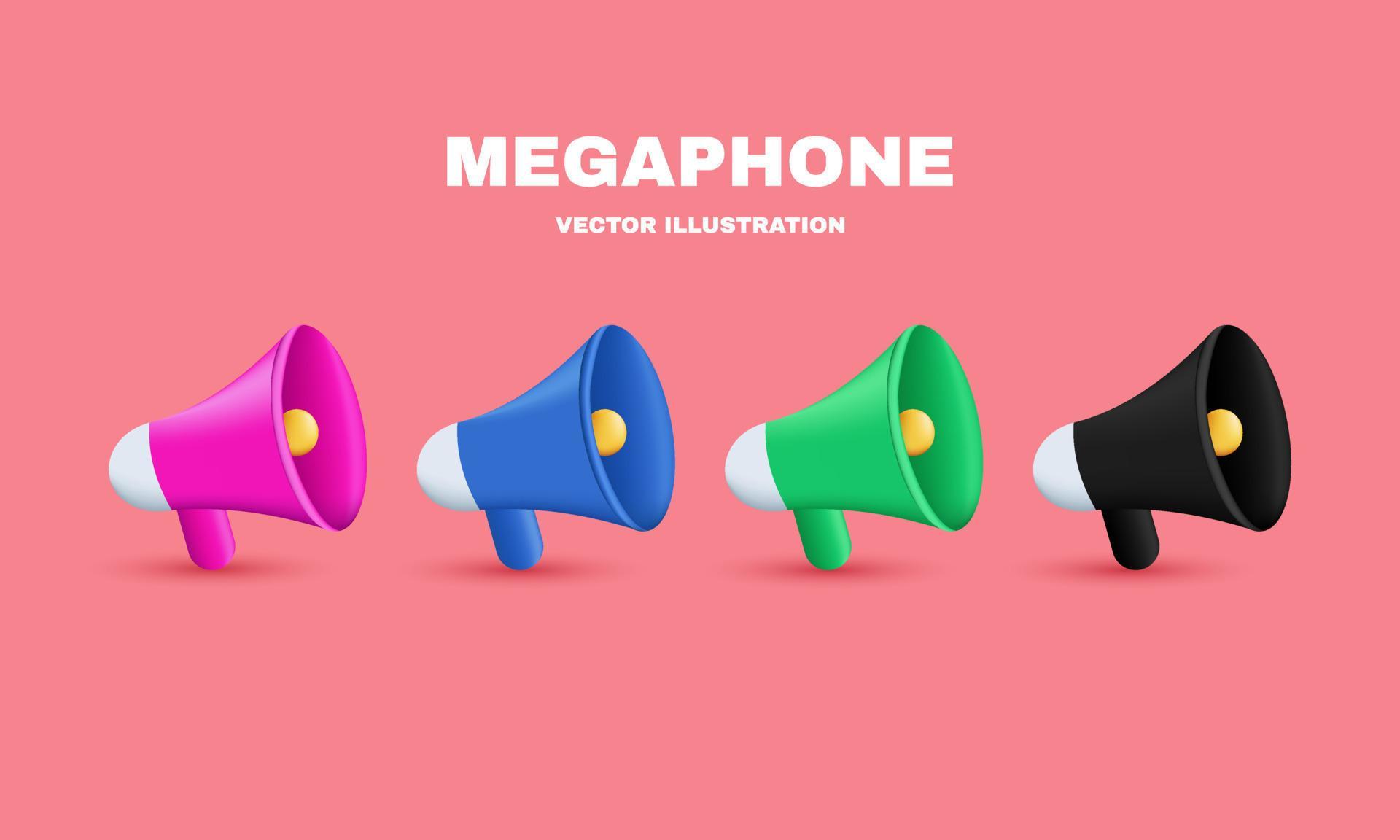 unique realistic 3d set four icon megaphones shadow different colorful isolated on vector ...
