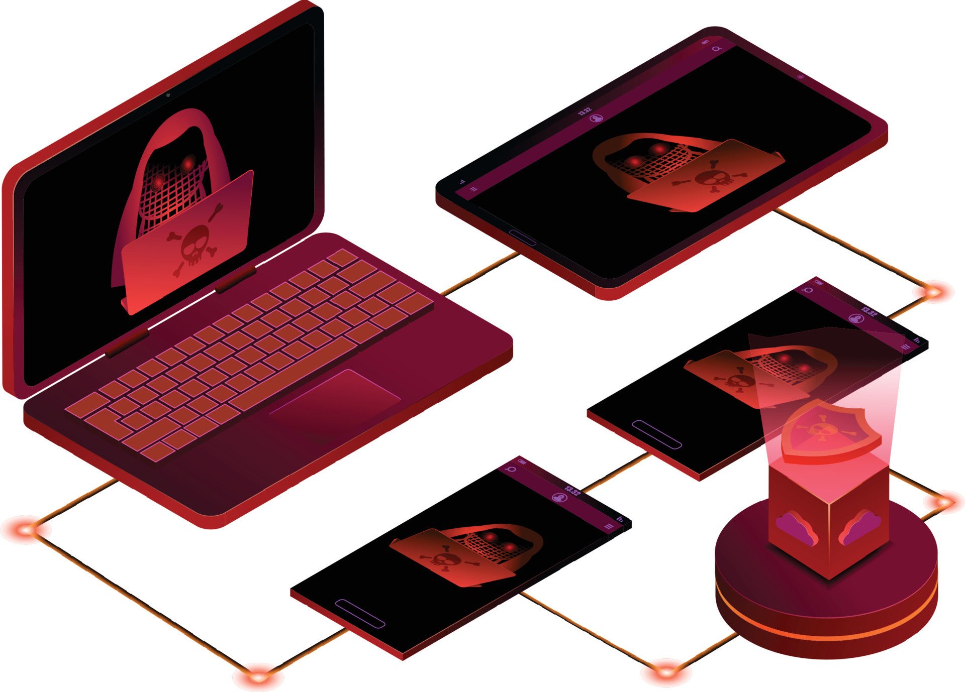 Isometric 3D illustration Hacker and device technology on white ...