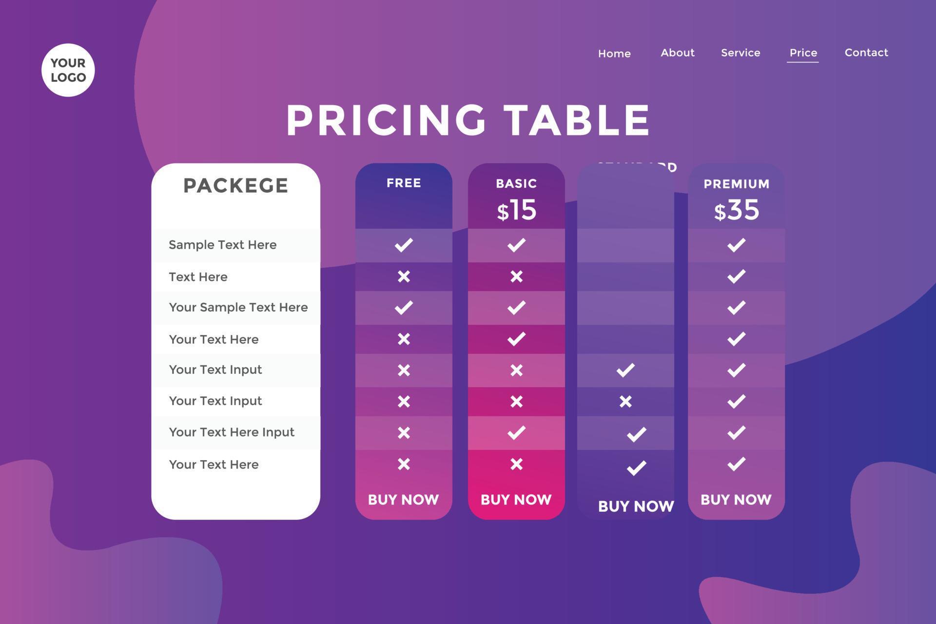 Landing page product package price for website. Price chart template ...