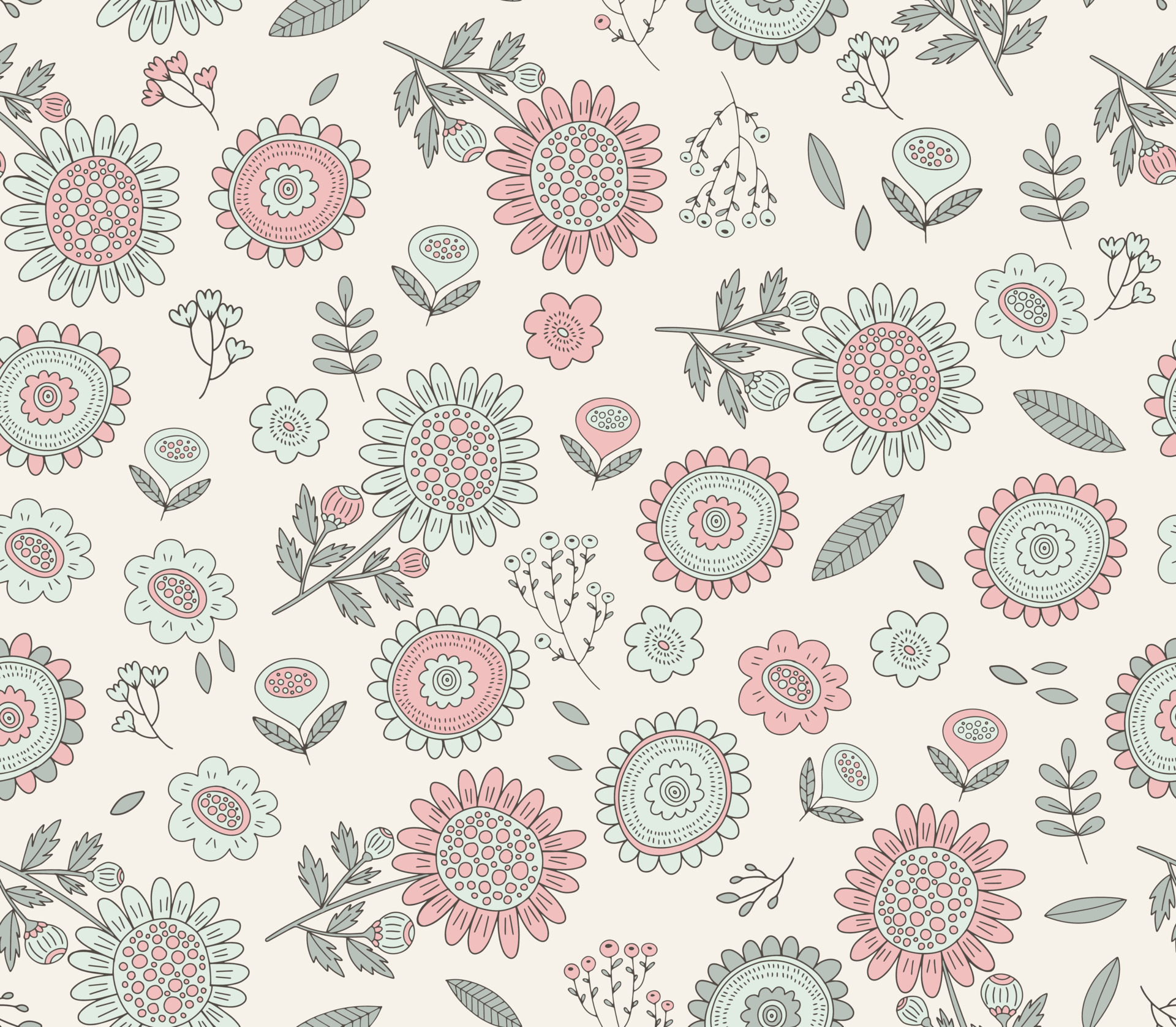 Vector floral pattern in doodle style with flowers and leaves. Feminine ...