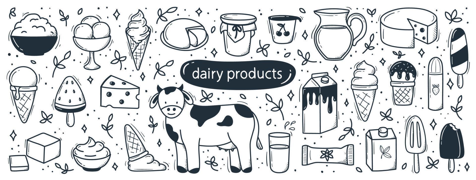 Dairy Products Set In Hand Drawn Doodle Style 8569967 Vector Art At