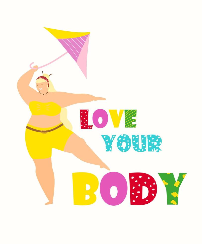 Plus Size Blonde Woman In Swimsuit Dancing With Parasol Near Love Your Body Lettering Body