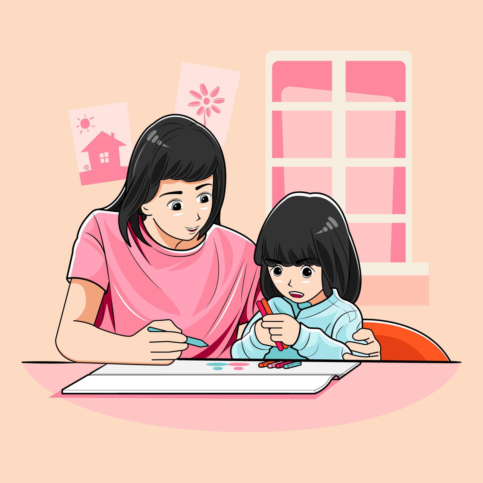 Mom Teach Her Daughter Drawing At Home Vector Illustration Free
