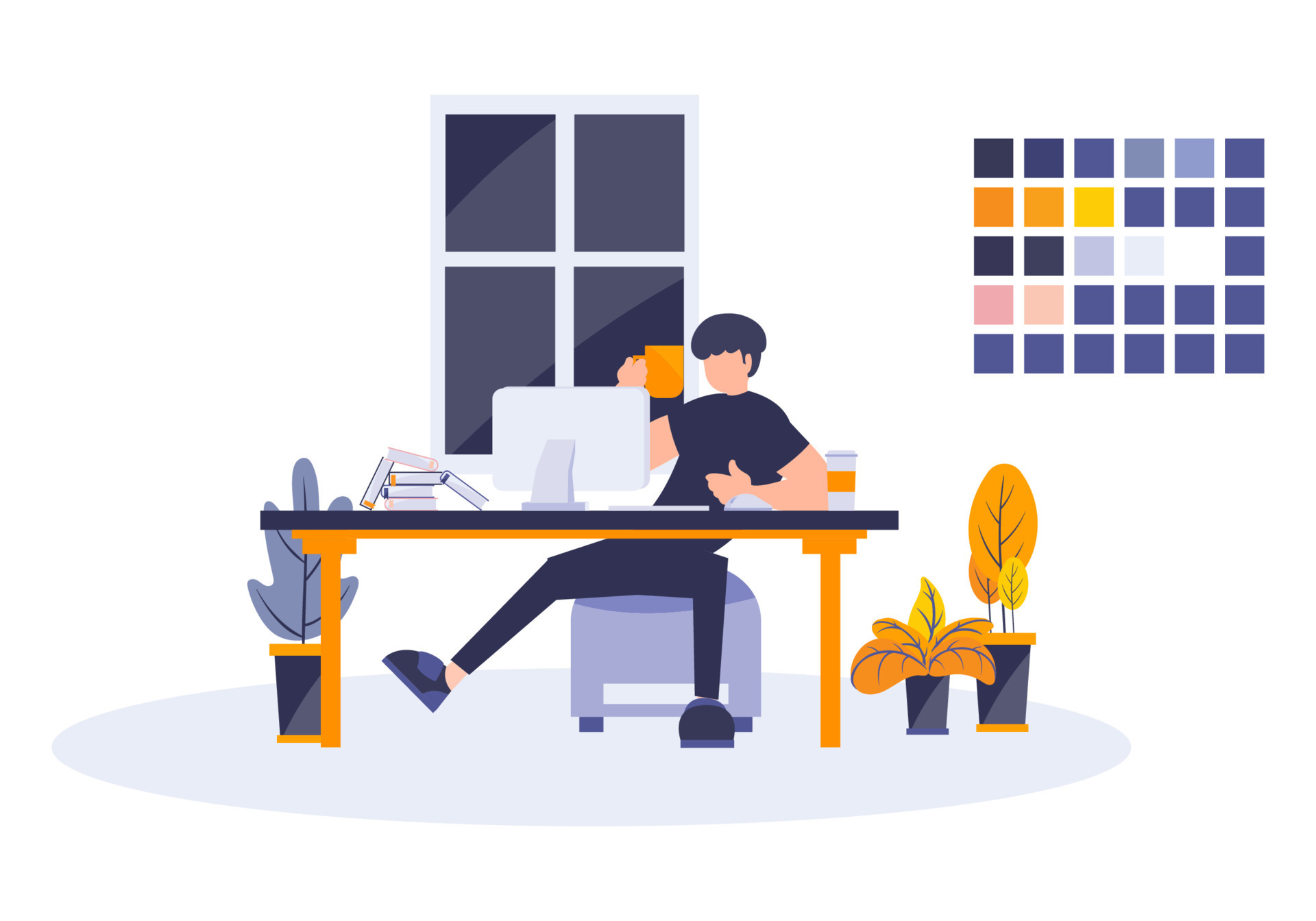 Person working with computer and literature. Vector flat illustration ...