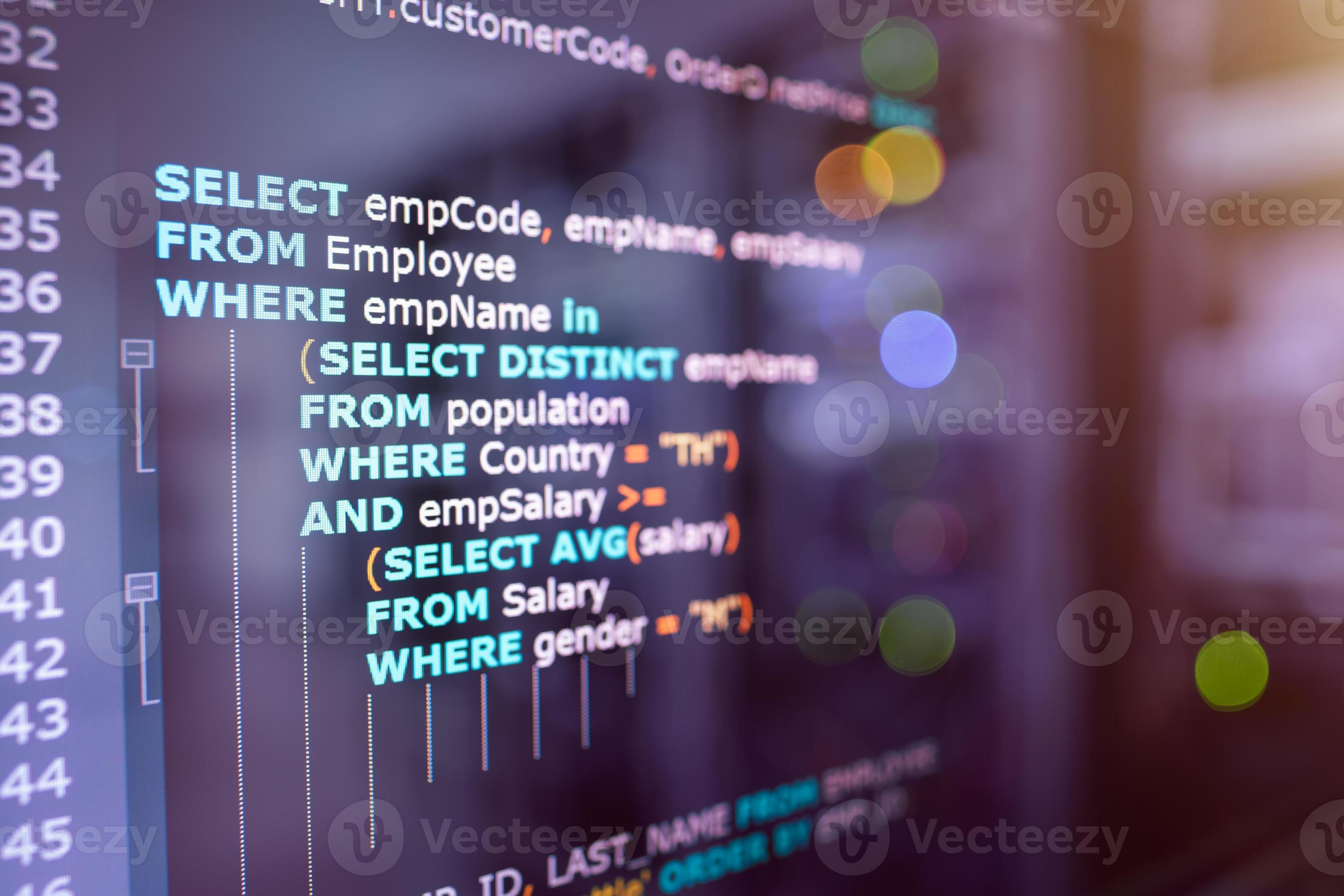 Sql Structured Query Language Code On Computer Monitor And Server Room Background Example Of