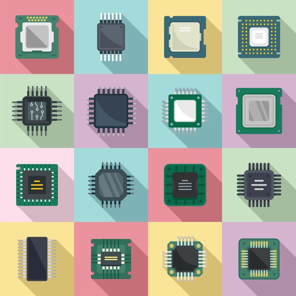Processor icons set flat vector. Central computer card 8624779 Vector ...