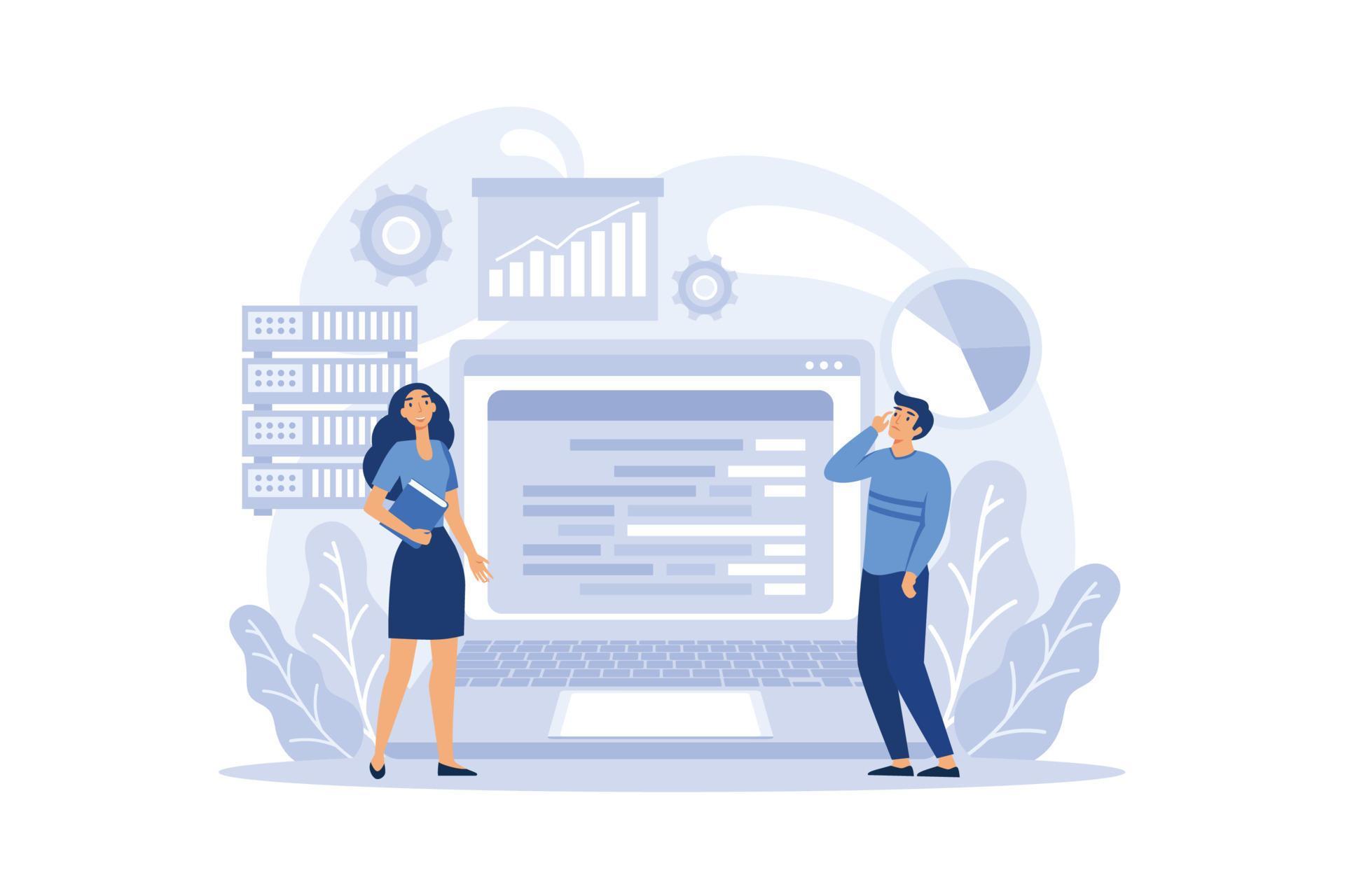 Data base administrator concept. Female and male character working at ...