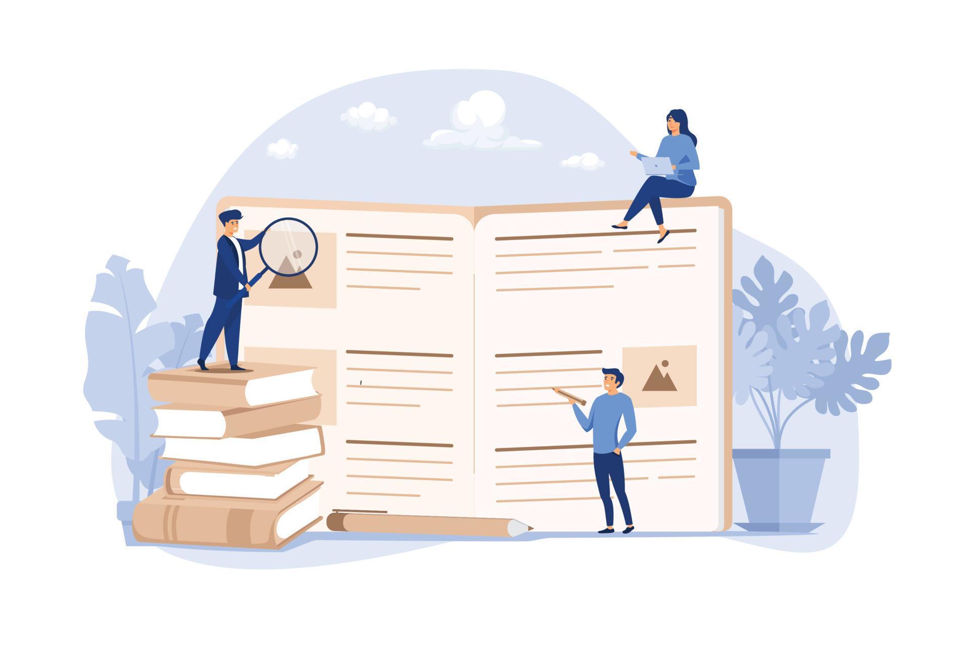 Students learning foreign language with vocabulary. Tiny people reading ...