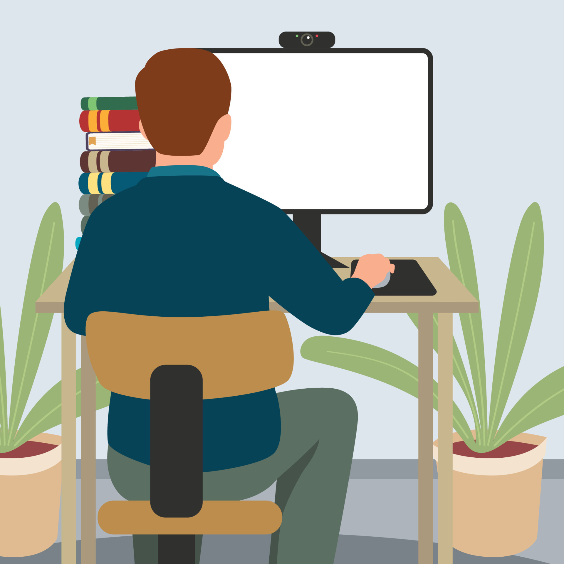 Man working on a computer. View from his back flat vector illustration ...