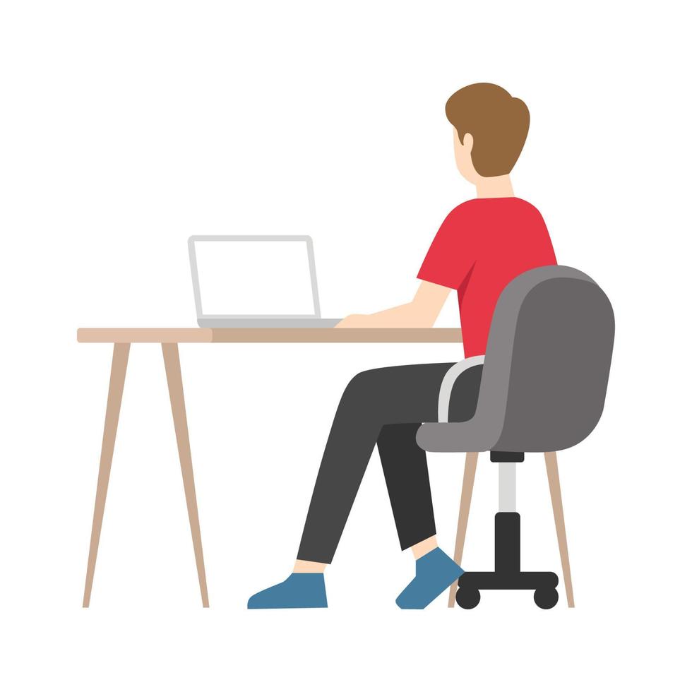 an sitting at a desk and working on the computer back view, on an ...