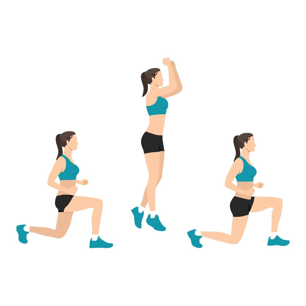 Woman Doing Explosive Jumping Alternating Lunges Exercise Flat Vector Illustration Isolated On