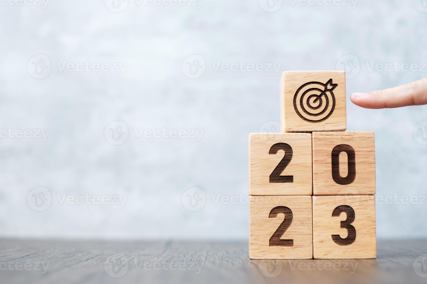 2023 block with dartboard sign. Business Goal, Target, Resolution, strategy, plan, Action ...