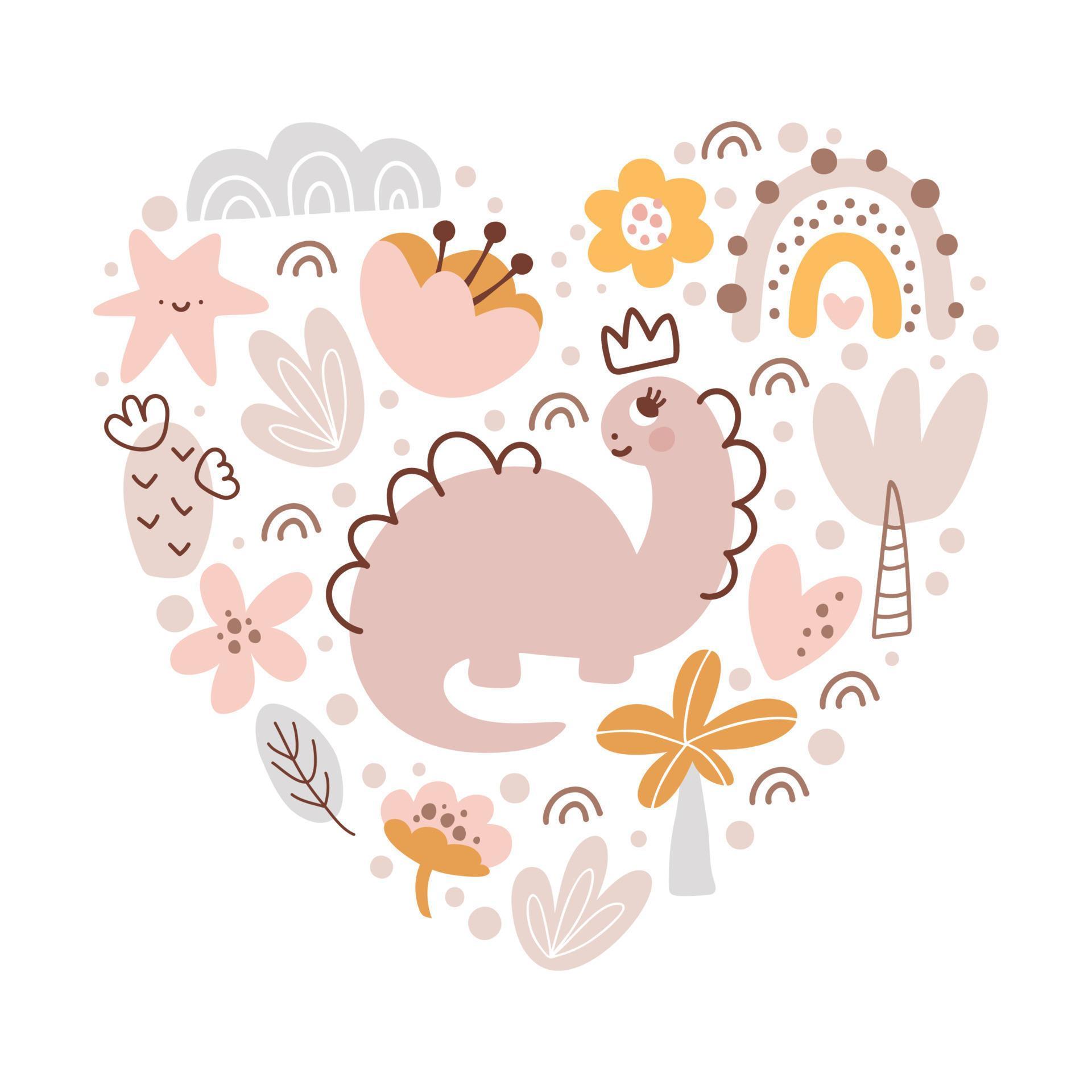 Cute vector Dino Girl composition in form of heart love. Kid greeting ...