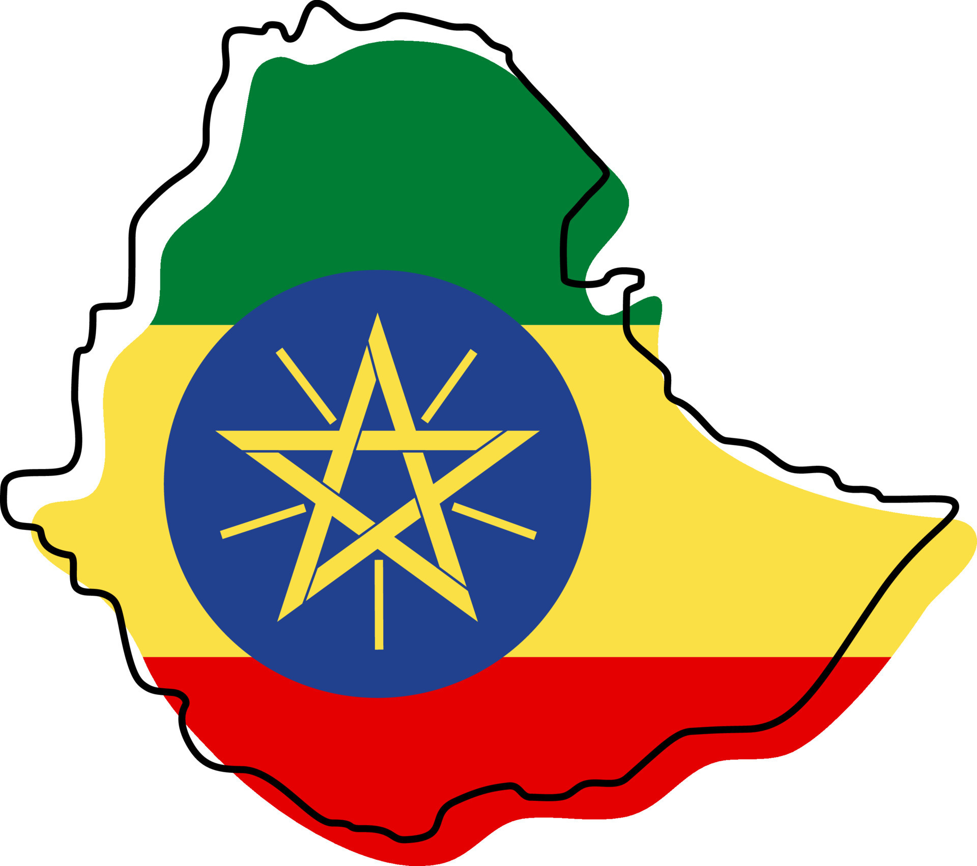 Stylized outline map of Ethiopia with national flag icon. Flag color ...