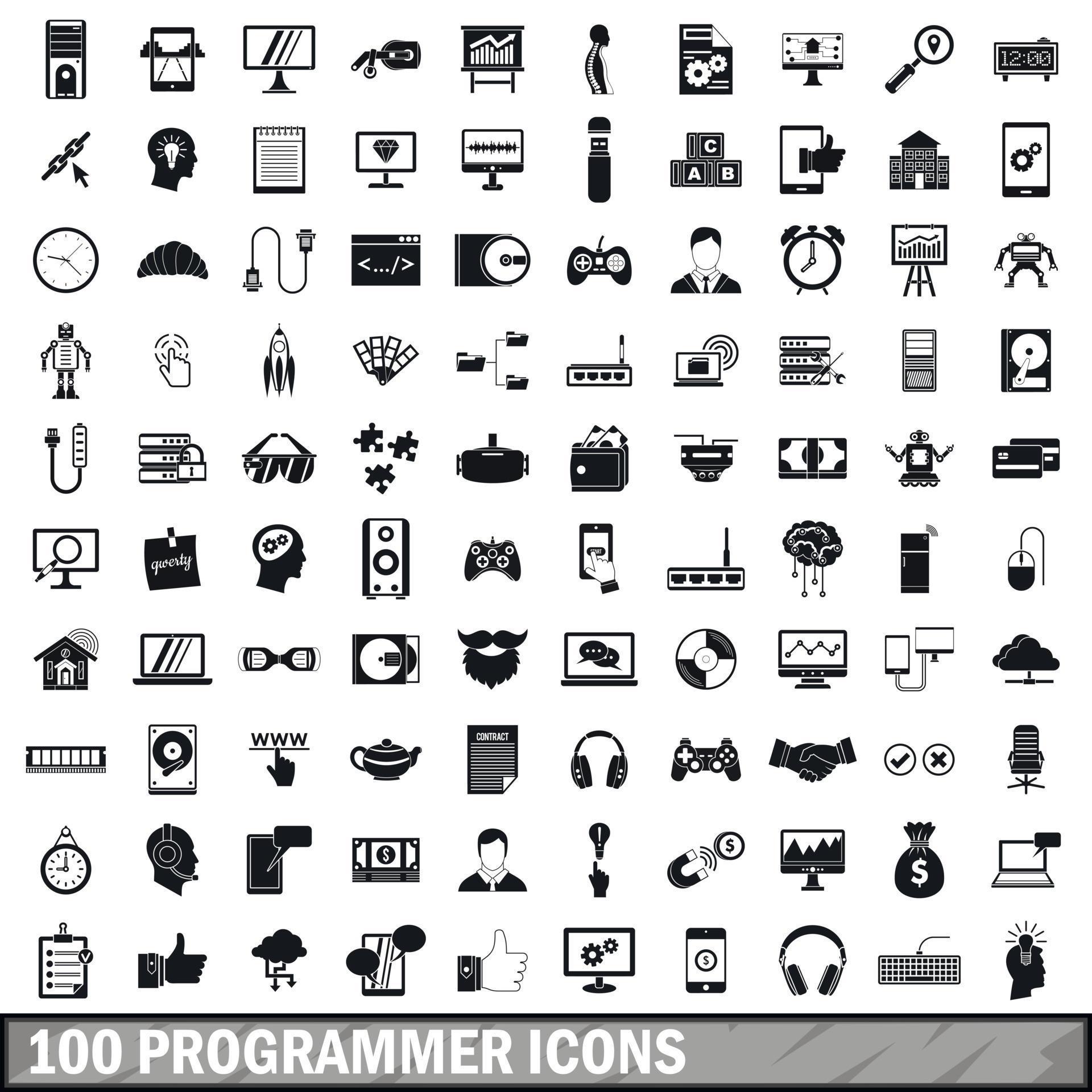 100 programmer icons set, simple style 8658148 Vector Art at Vecteezy