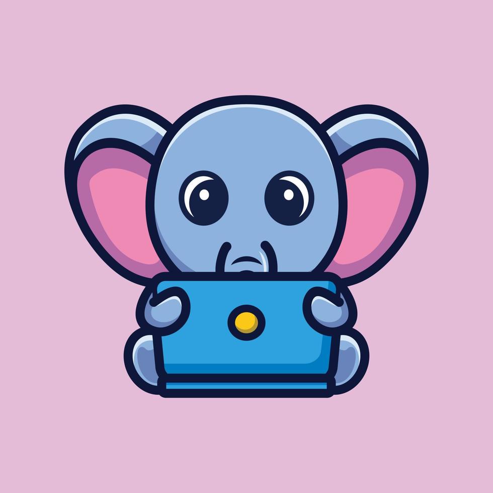 Cute elephant cartoon working in front of a laptop. Animal technology ...