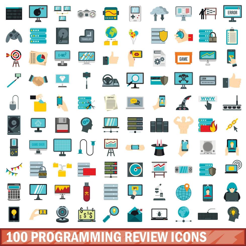 100 programming review icons set, flat style 8671115 Vector Art at Vecteezy