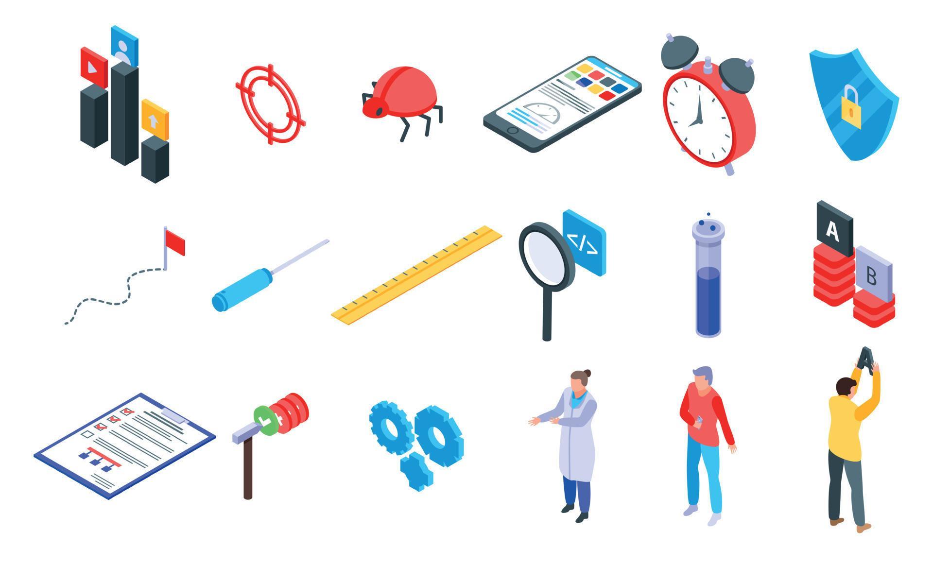 Testing software icons set, isometric style 8671126 Vector Art at Vecteezy