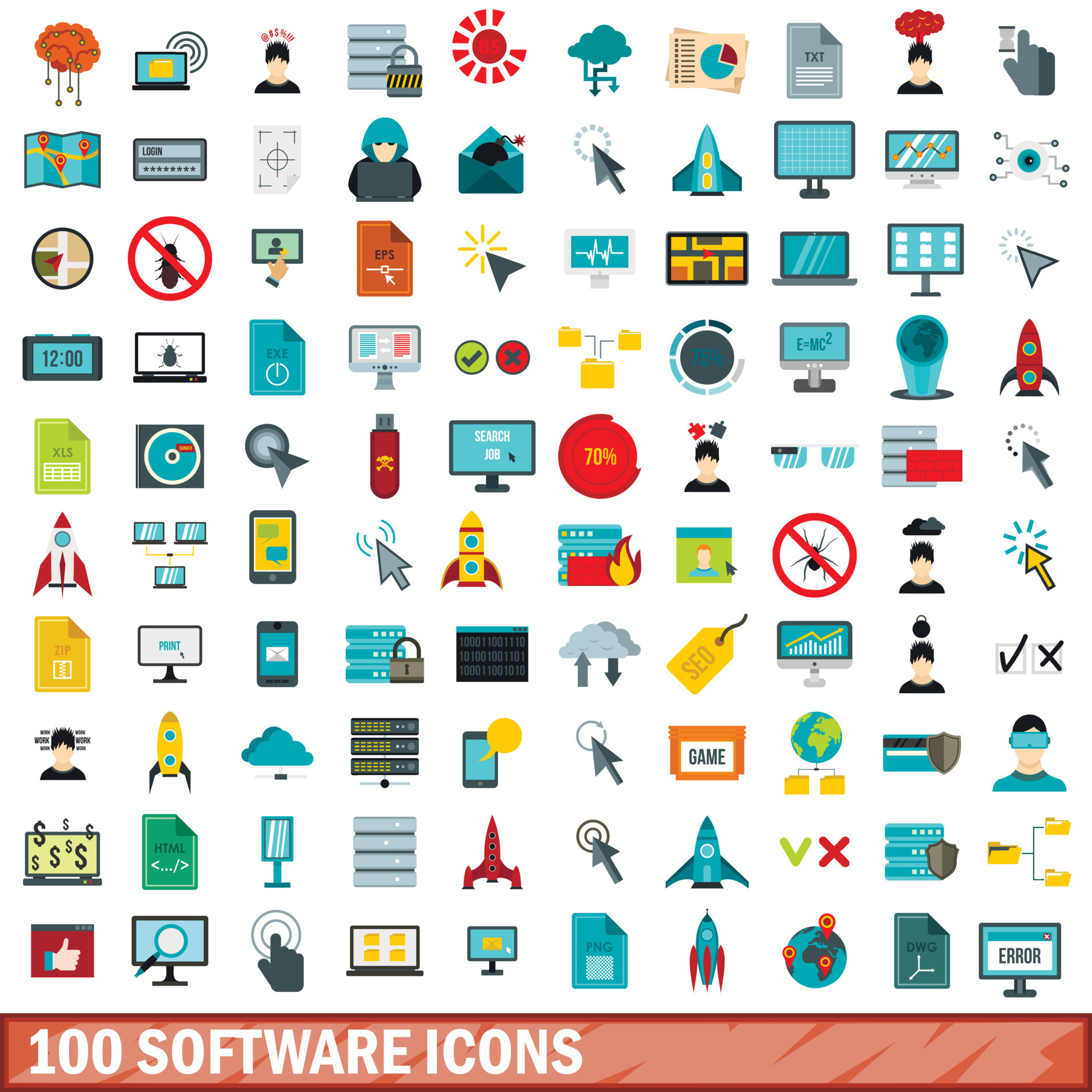 100 software icons set, flat style 8679411 Vector Art at Vecteezy