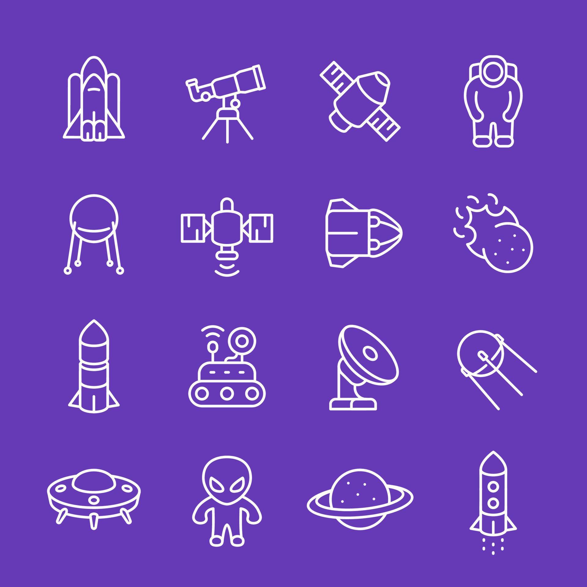 Space and astronomy icons, planet with asteroid belt, comet, satellite, shuttle, rocket, radio ...